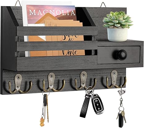 Amazon.com: HOMEBROS Key Holder Wall Mount, Black Wooden Mail Key ...