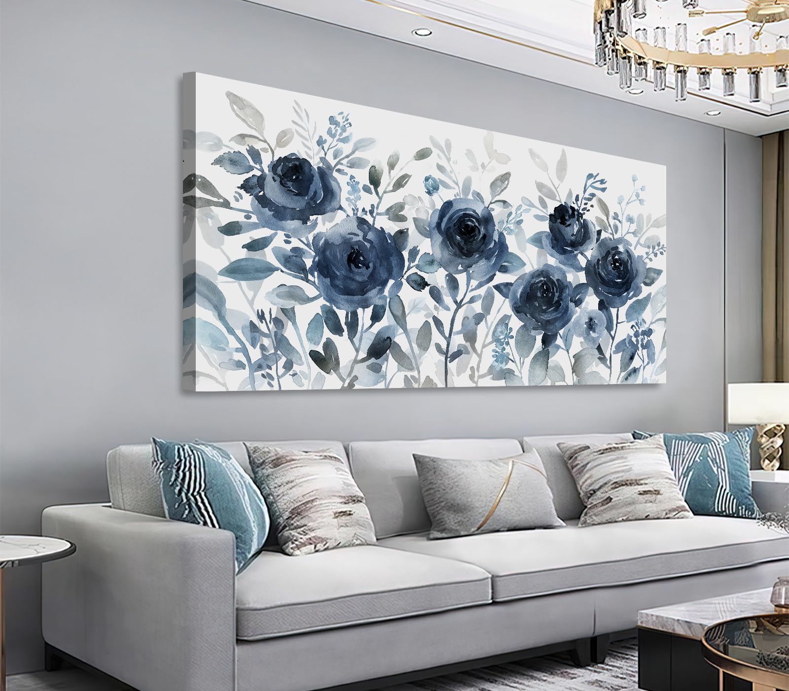 Amazon.com: Shoci Large Flowers Wall Art - Indigo Floral Canvas Picture ...