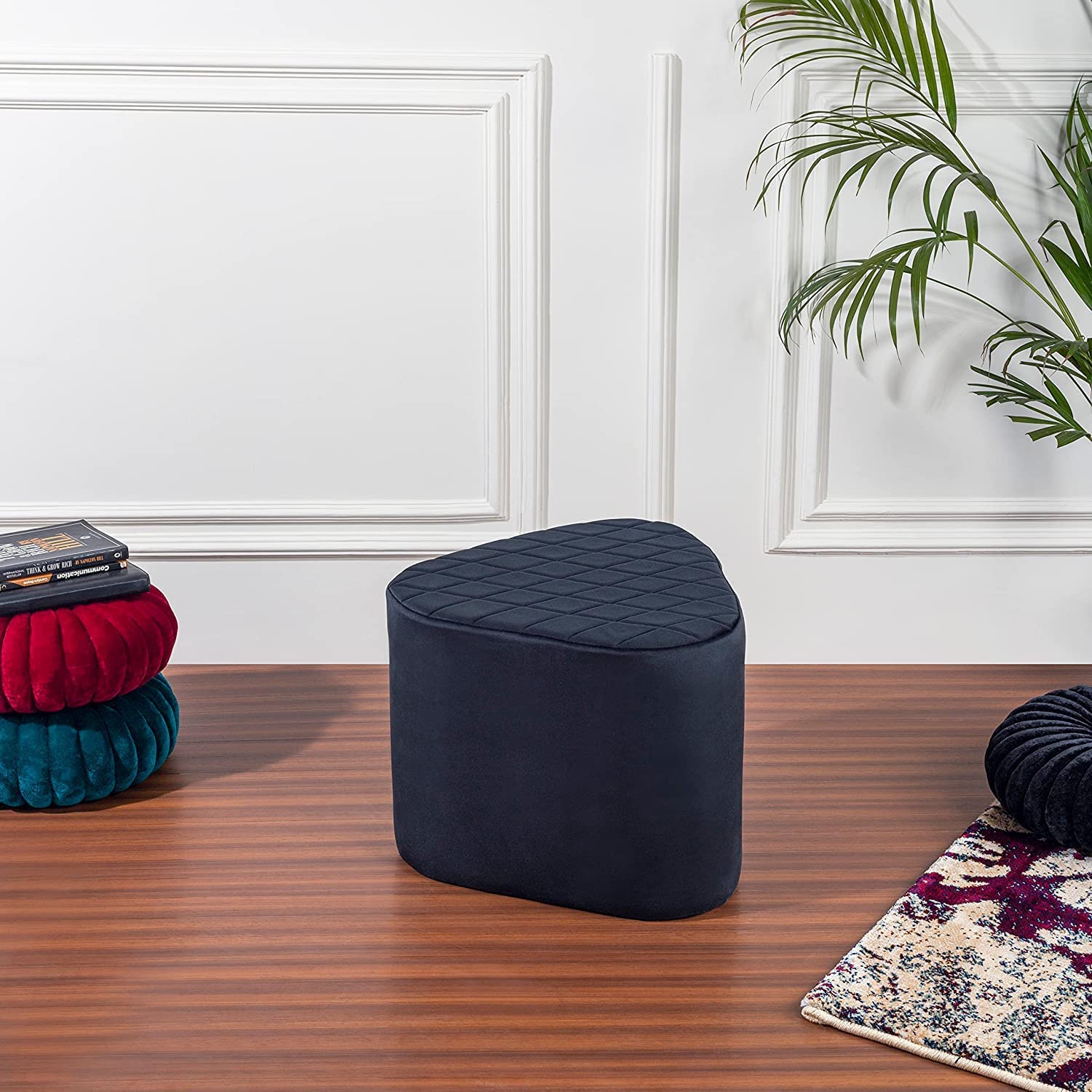 LUSHLIN Dark Black Triangular Cushioned Ottoman Pouffe Sitting Stool ...