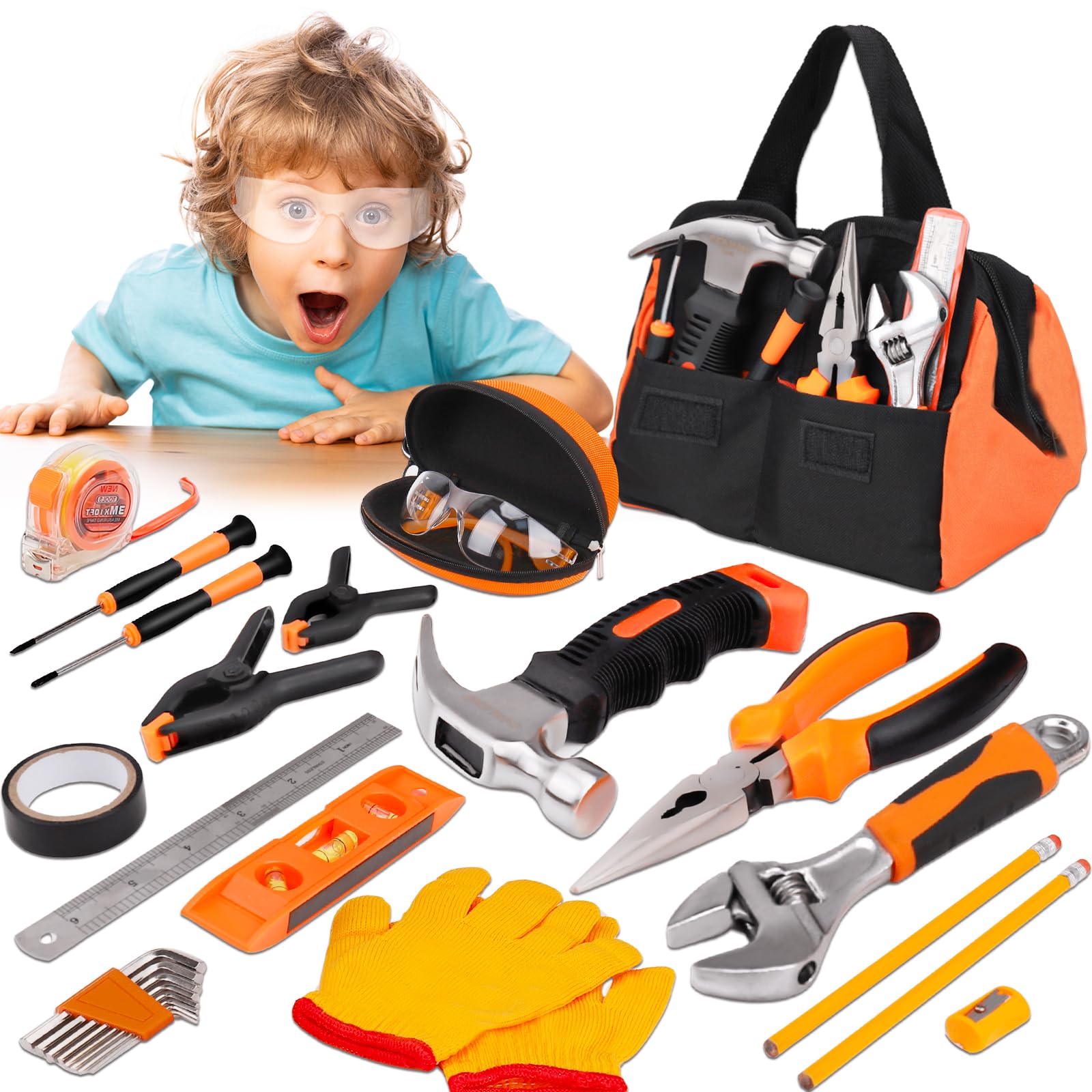 Amazon.com: Kids Real Tool Set with Tool Bag Hand Tools Woodworking ...