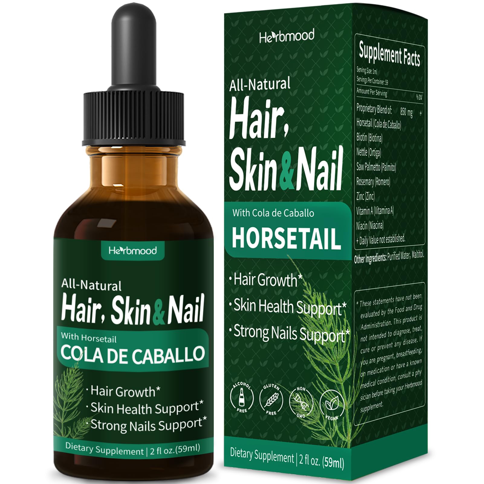 Amazon.com: Herbmood Horsetail Hair, Skin & Nail Liquid Drops, Cola de ...