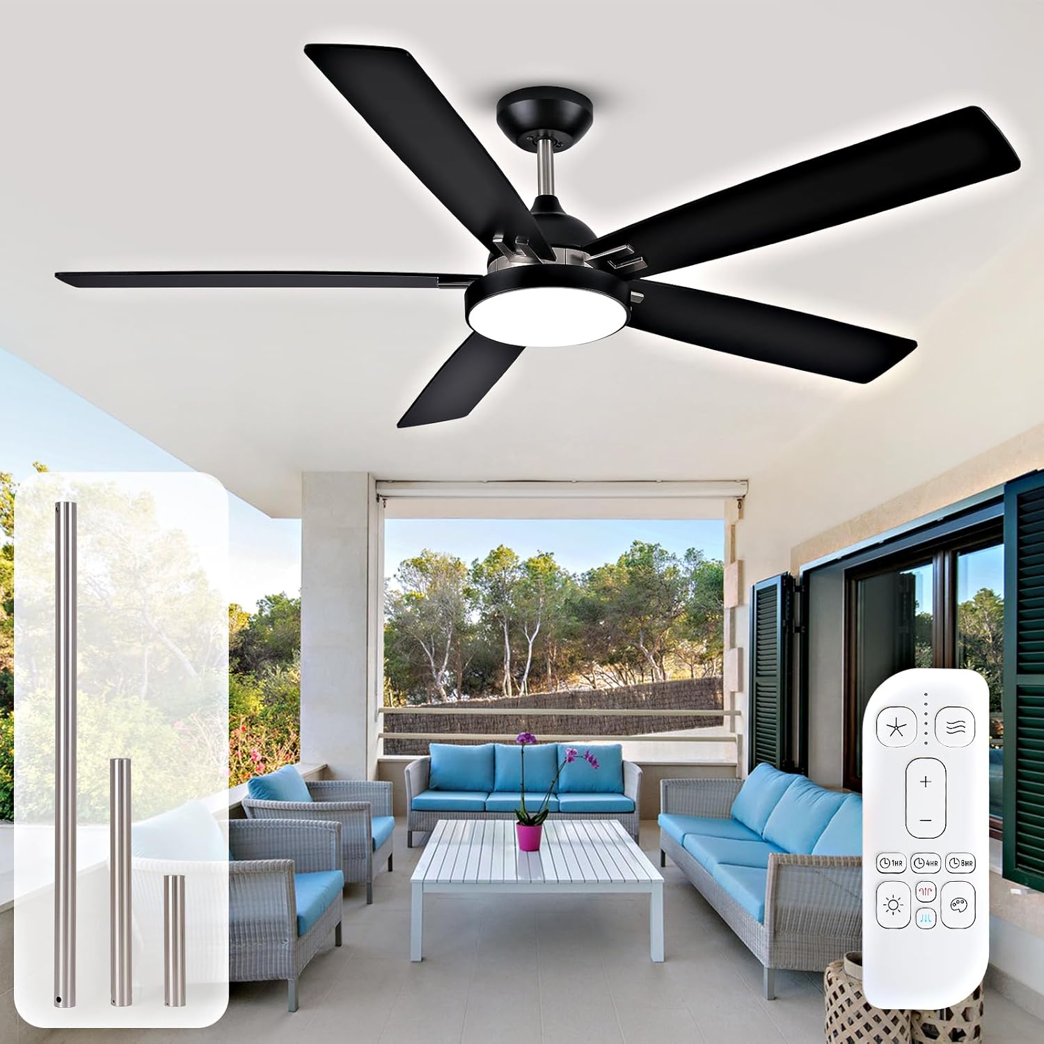 60 inch Black Outdoor Ceiling Fan for Patios with Light, Modern Low ...