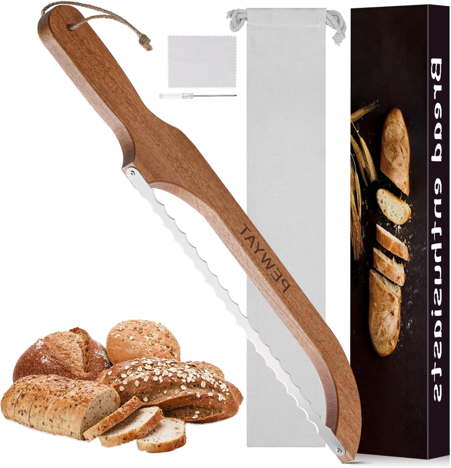 Amazon.com: Wiz&Quirkz Bread Bow Knife with Cover and Wood Sourdough Spatula, Walnut Handle ...