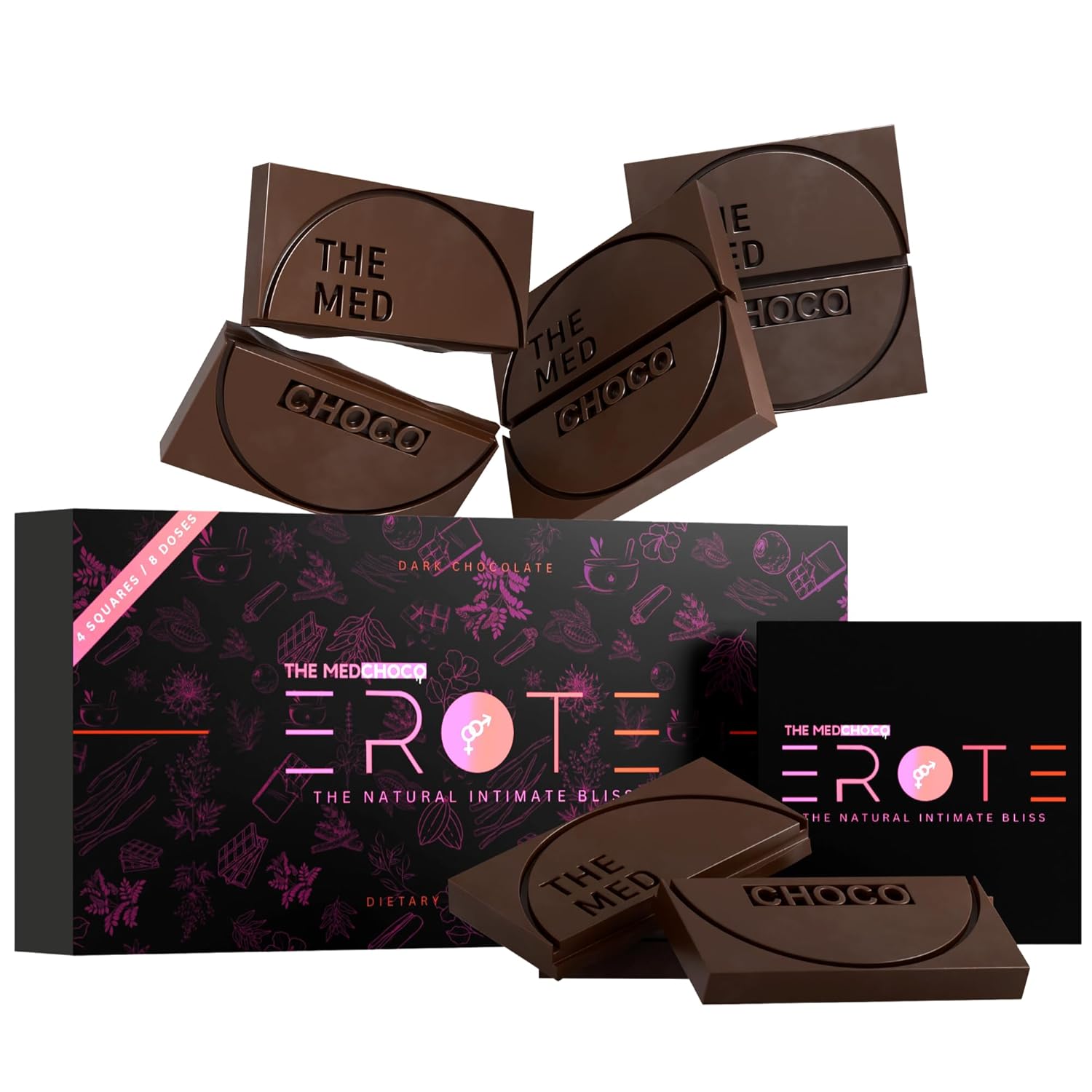 THE MEDCHOCO Erote Dark Chocolate 1 Box, 4 Chocolates, 8 Doses| Luxury ...