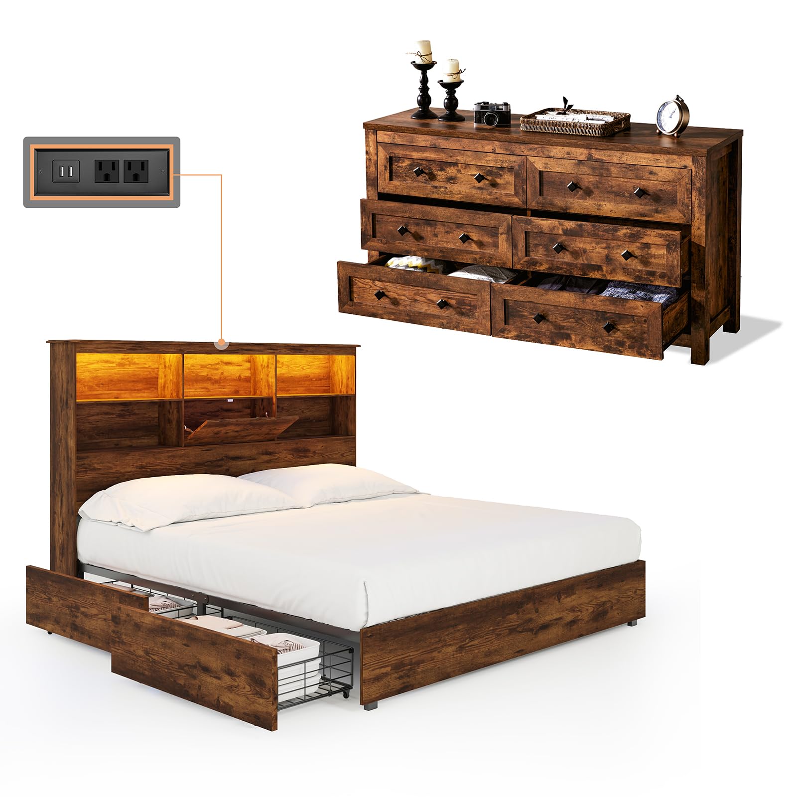 Amazon.com: AMERLIFE 2-Piece Bedroom Set, Queen Bed Frame and 6 Drawer ...