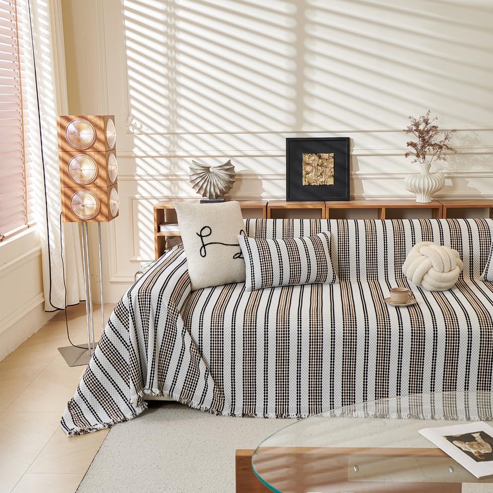 Amazon.com: ROOMLIFE Thicked Striped Boho Black&Khaki Couch Cover for 2 ...