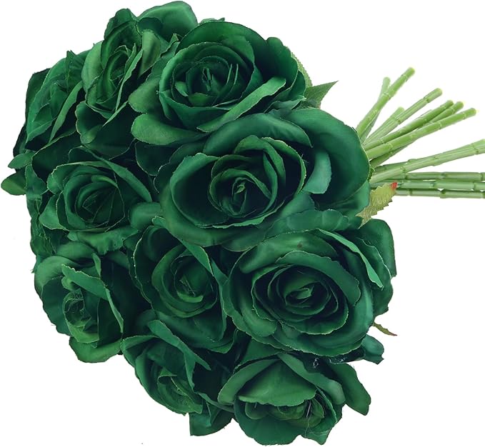 Amazon.com: Felice Arts 12 Pack Green Artificial Roses Emerald Green Flowers with Stems Silk ...