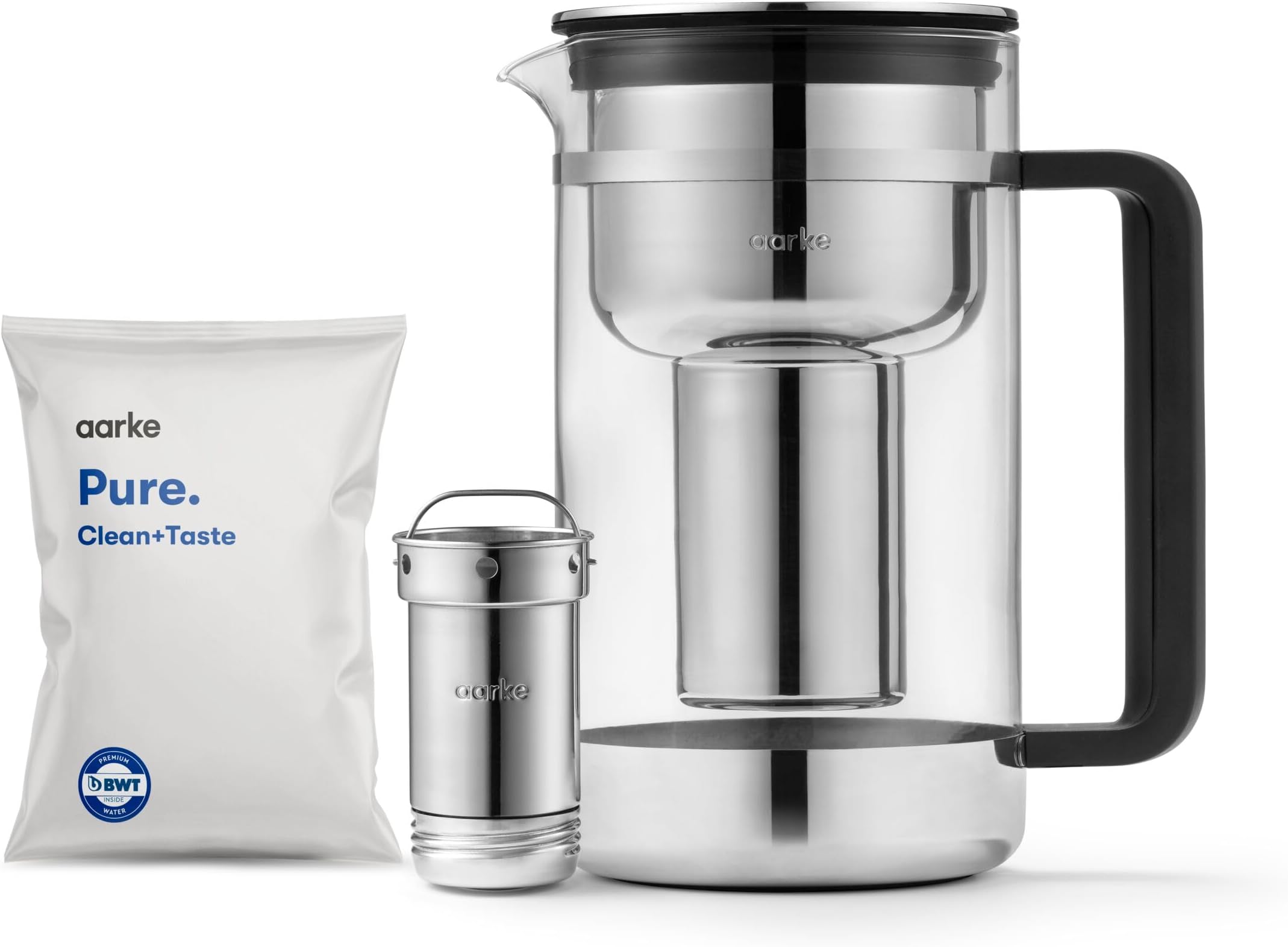 Aarke Purifier Large, Water Filter Jug in Glass and Stainless Steel, 2 ...