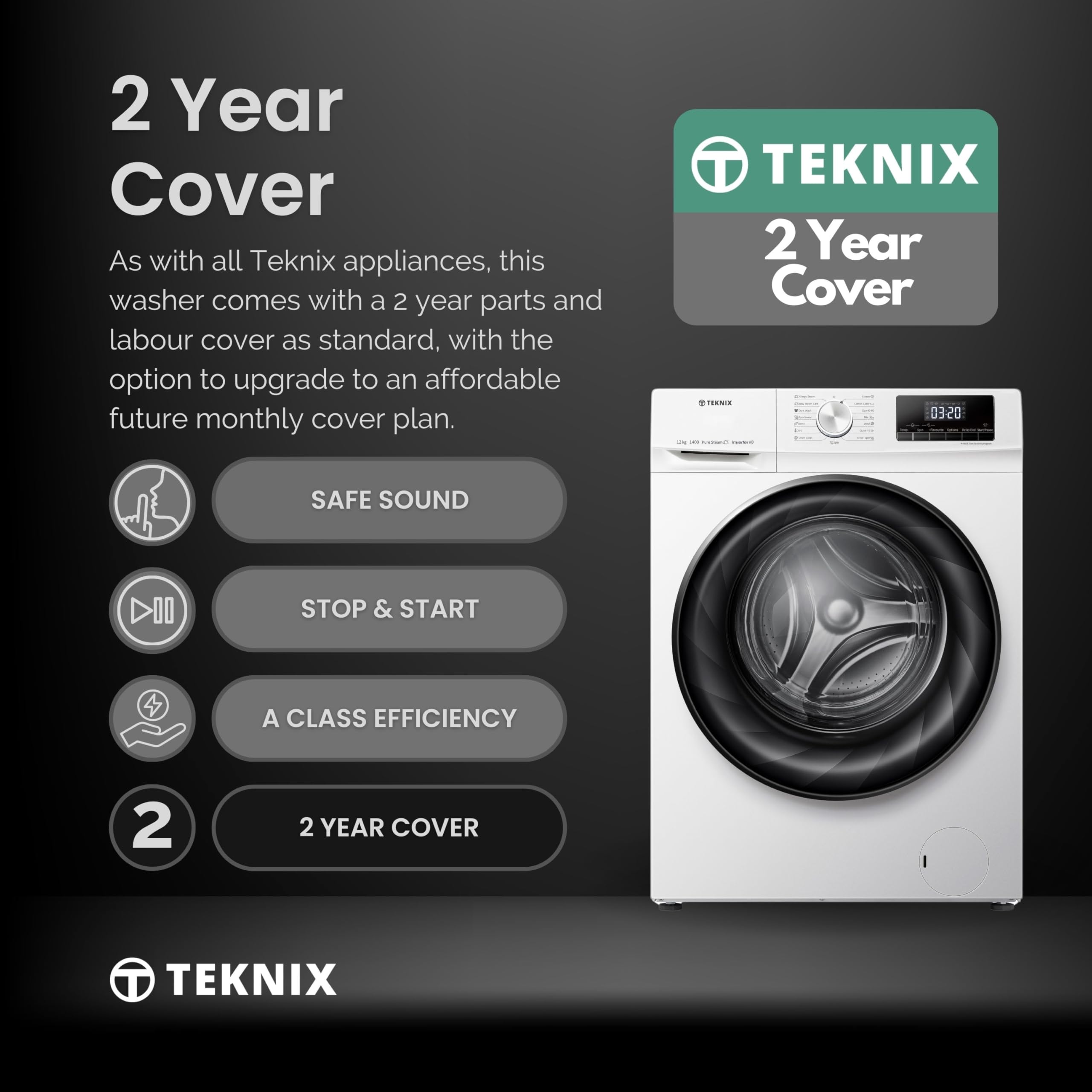 Teknix TKW12142HW 12kg Washing Machine, 1400 Spin, Steam Function, 15 ...
