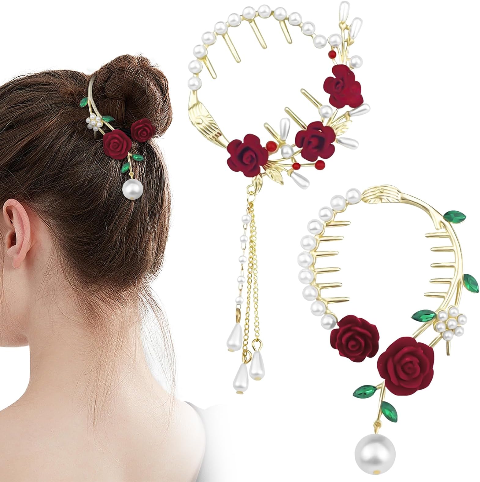 Amazon 2 Pcs Rose Flower Tassel Ponytail Hair Clips Pearl French