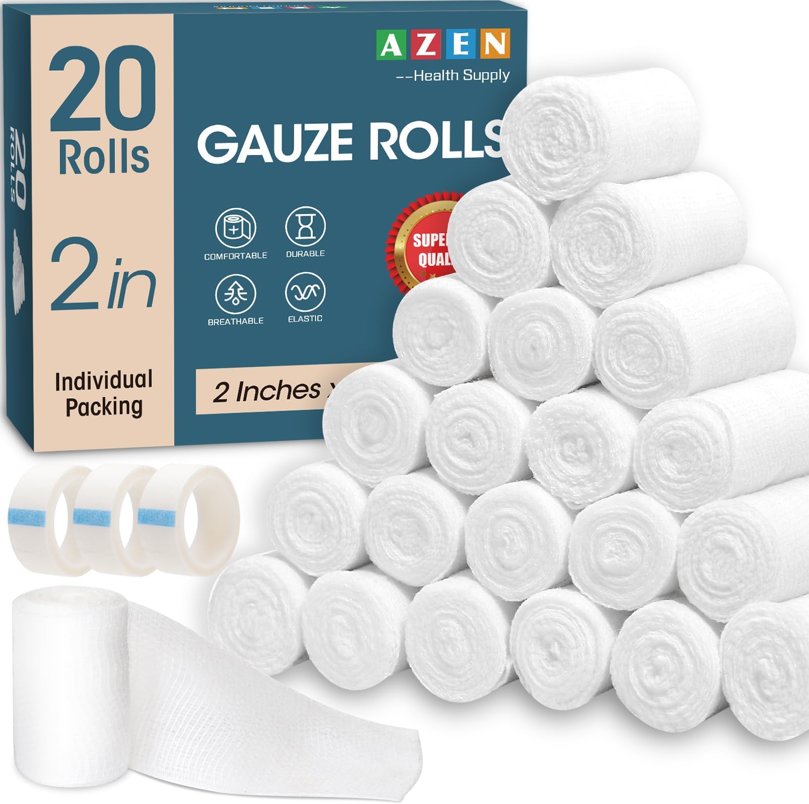 Amazon.com: AZEN 20 Pack Gauze Rolls Bandages, 2 in x 4.1 Yards ...
