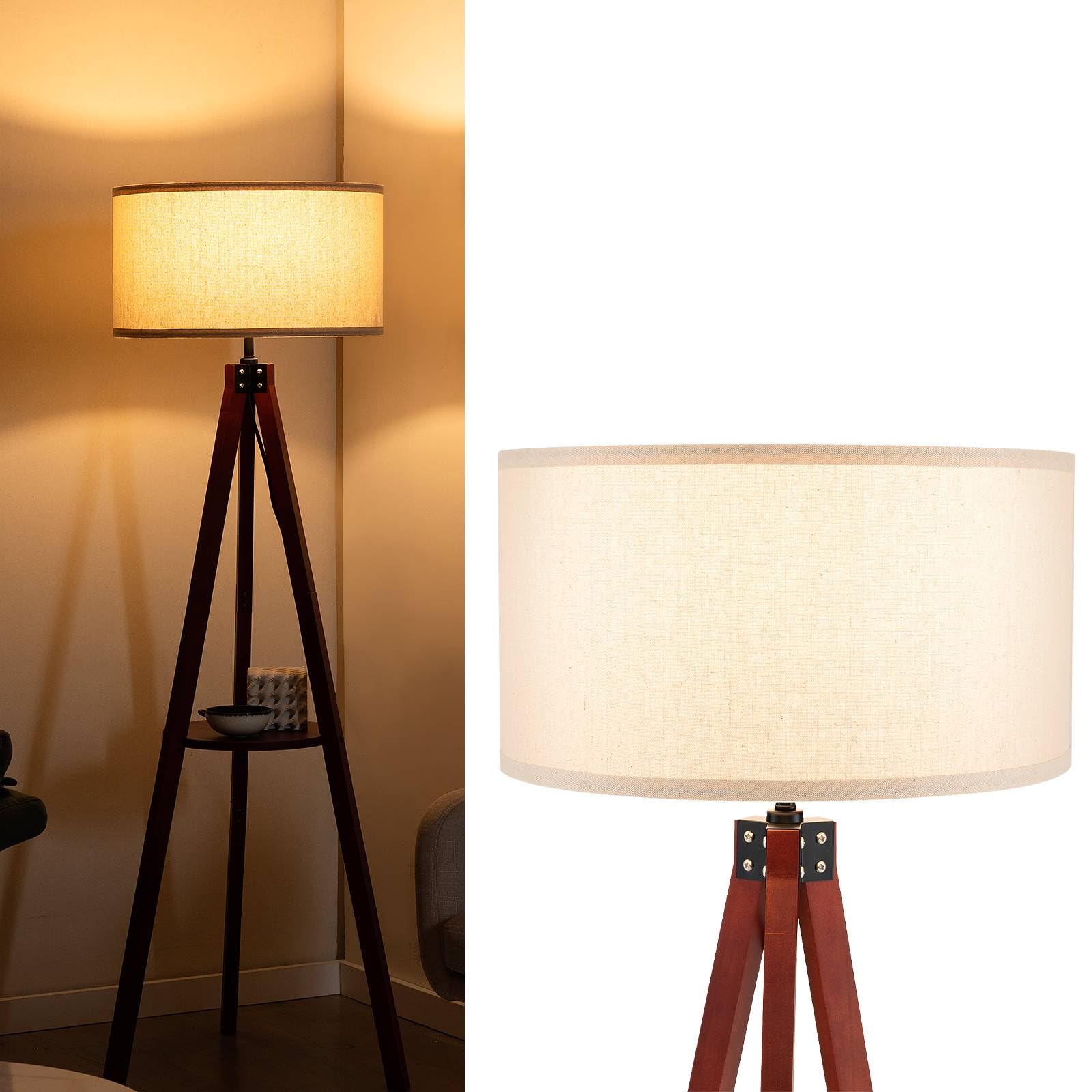 GiantexUK Tripod Floor Lamp with Shelf, Rubber Wood Frame Standing ...
