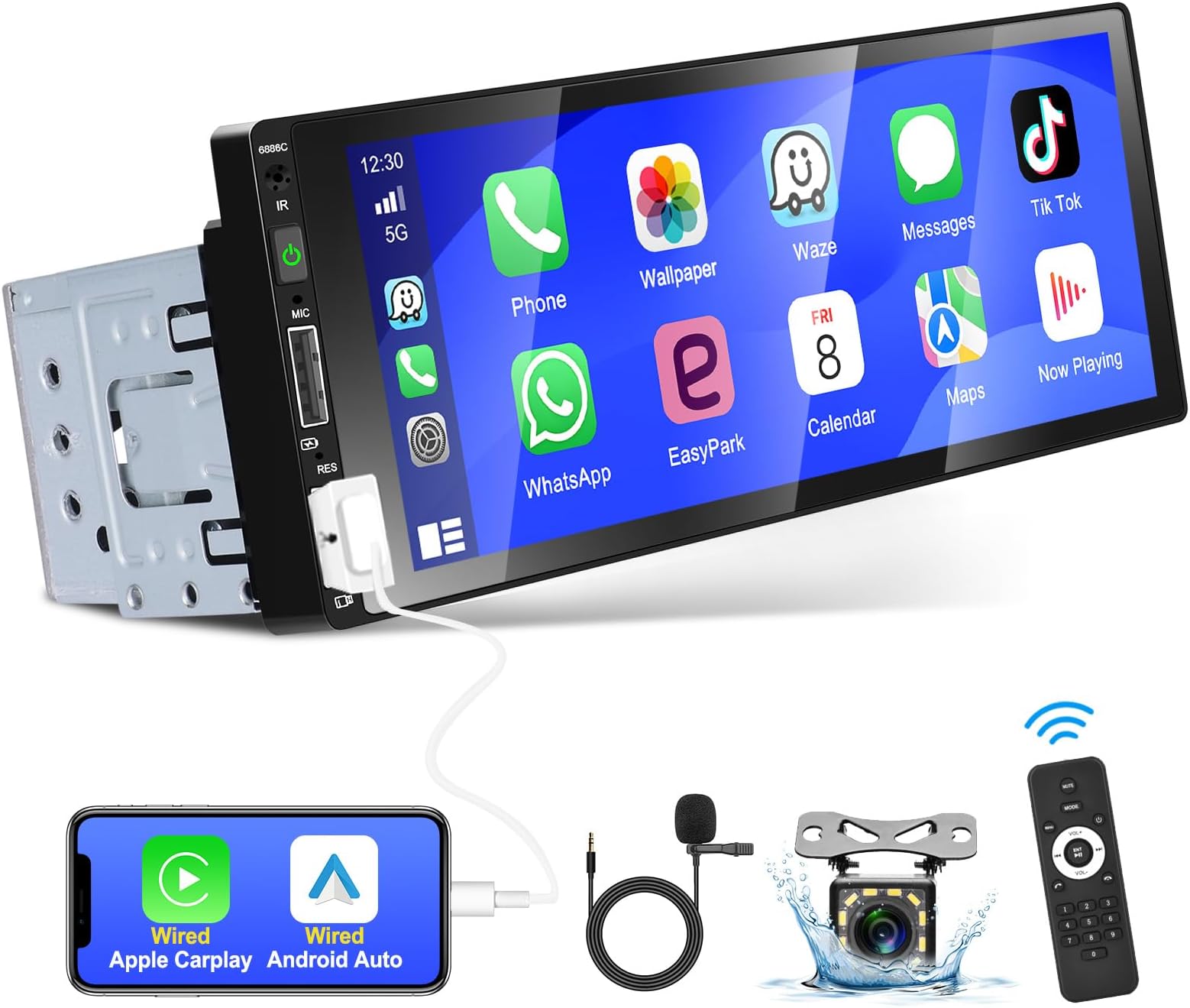 Podofo Autoradio 1 Din Apple Carplay sans Fil Android Auto, 5 Pouces ...