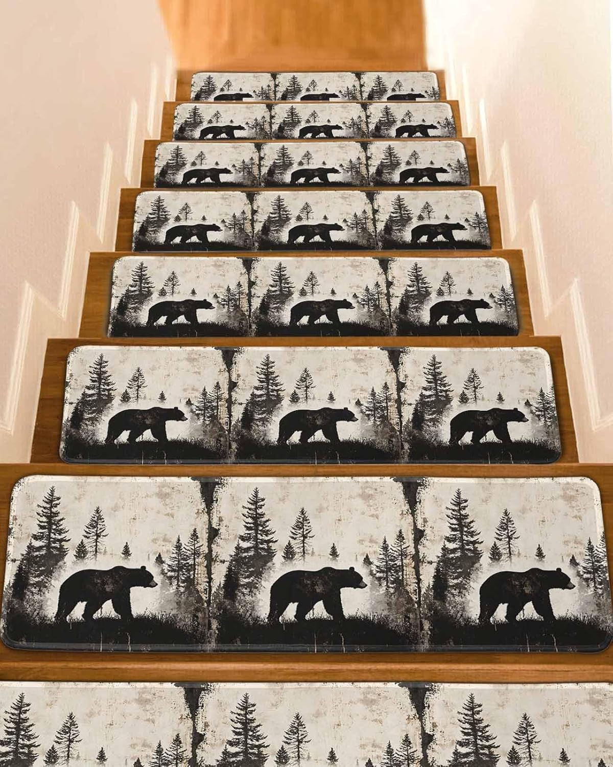 Non Slip Stair Treads for Wooden Steps Forest Bear Silhouette Retro ...