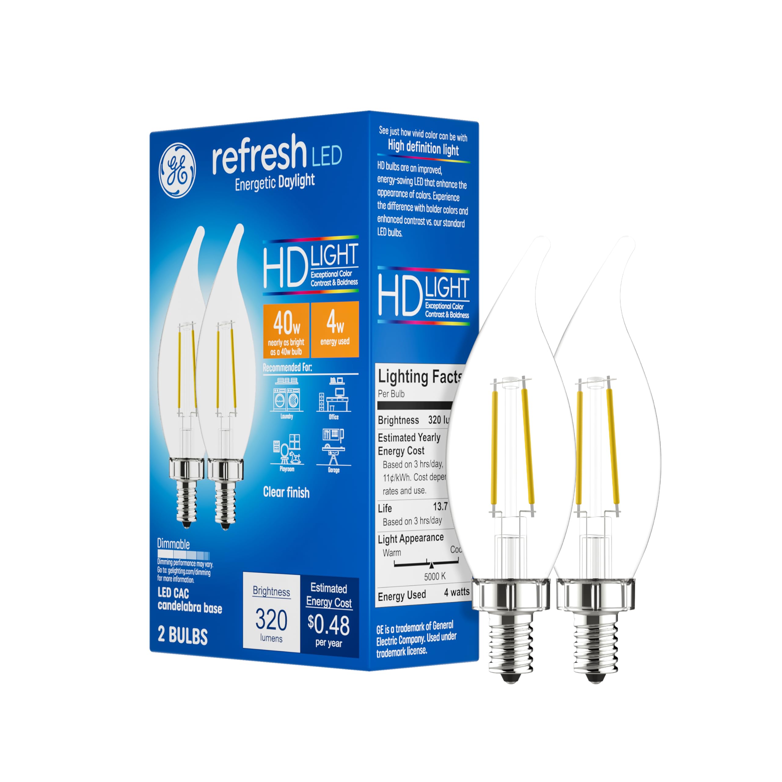 Snapklik.com : GE Refresh LED Light Bulbs, 40W, Daylight Candle Lights ...