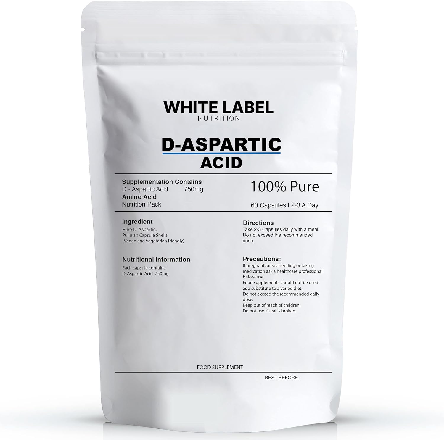 White Label Nutrition DAA (D- Aspartic Acid) 60 Capsules - High ...