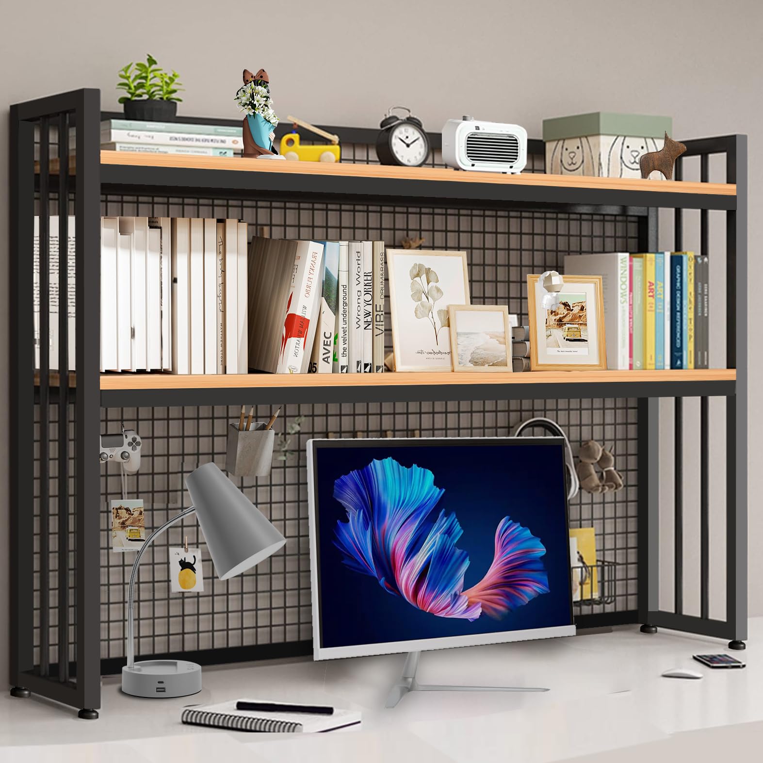 Amazon.com: 2-Tier Desktop Hutch Bookshelf Metal Desk Shelf, Storage ...