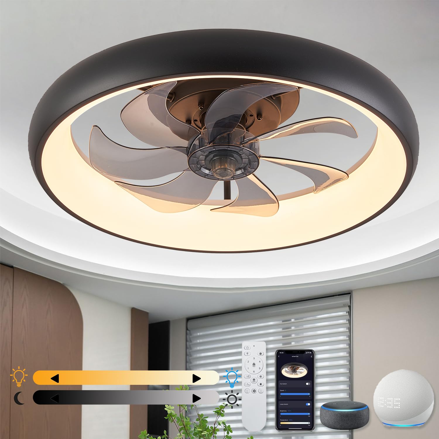 YOLIZUOT Modern Flush Mount Ceiling Fans with Lights, Low Profile ...