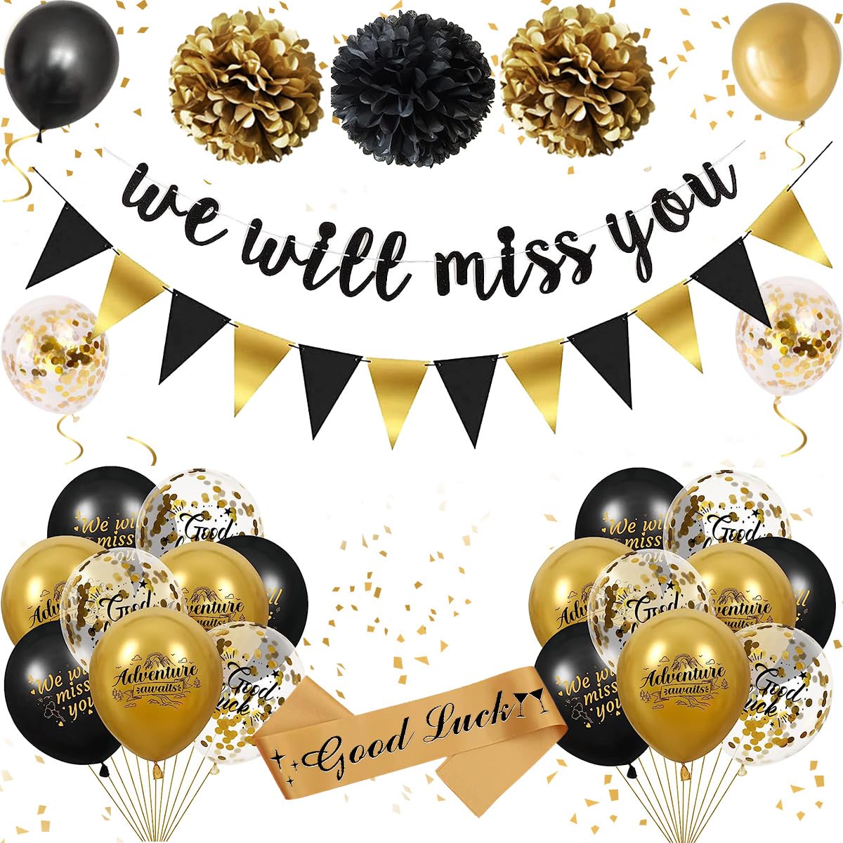 We Will Miss You Banner Black Gold Party Decorations with Good Luck ...