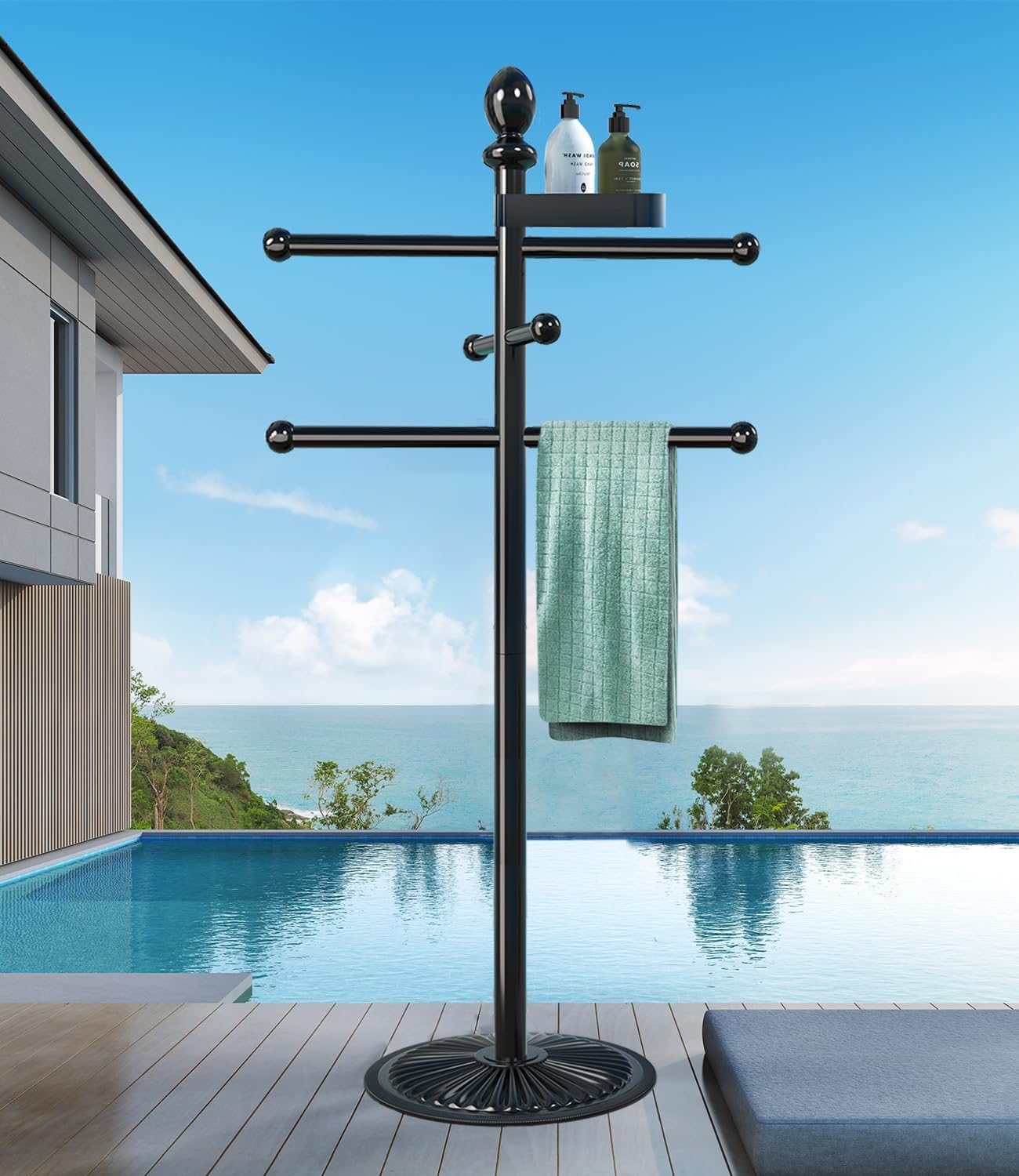 Amazon.com: Outdoor Towel Rack with Storage Tray and Bar Clips - 6 Arm ...