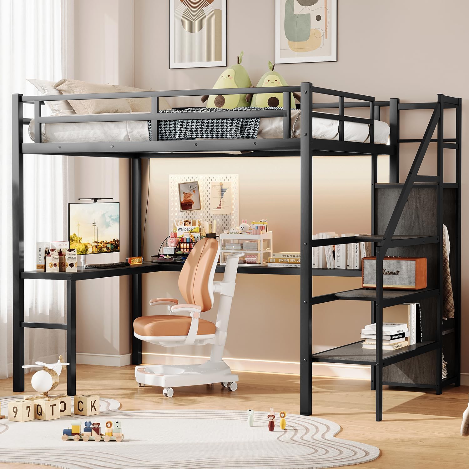 Amazon.com: Full Size Loft Bed with Stairs and Wardrobe, Full Size Loft ...