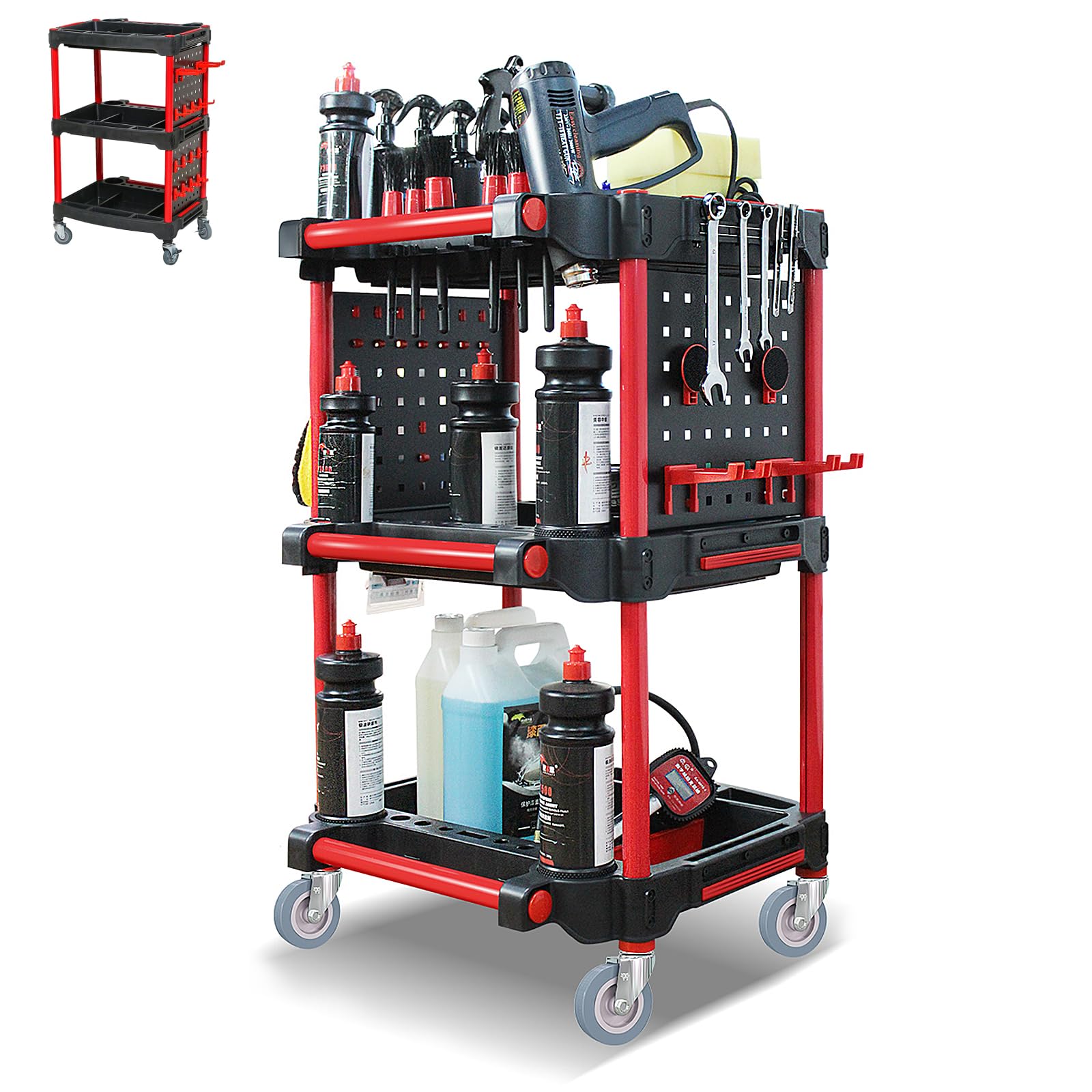 Snapklik.com : Ulable Auto Detailing Tool Cart, 3-Tier Utility Rolling Shop