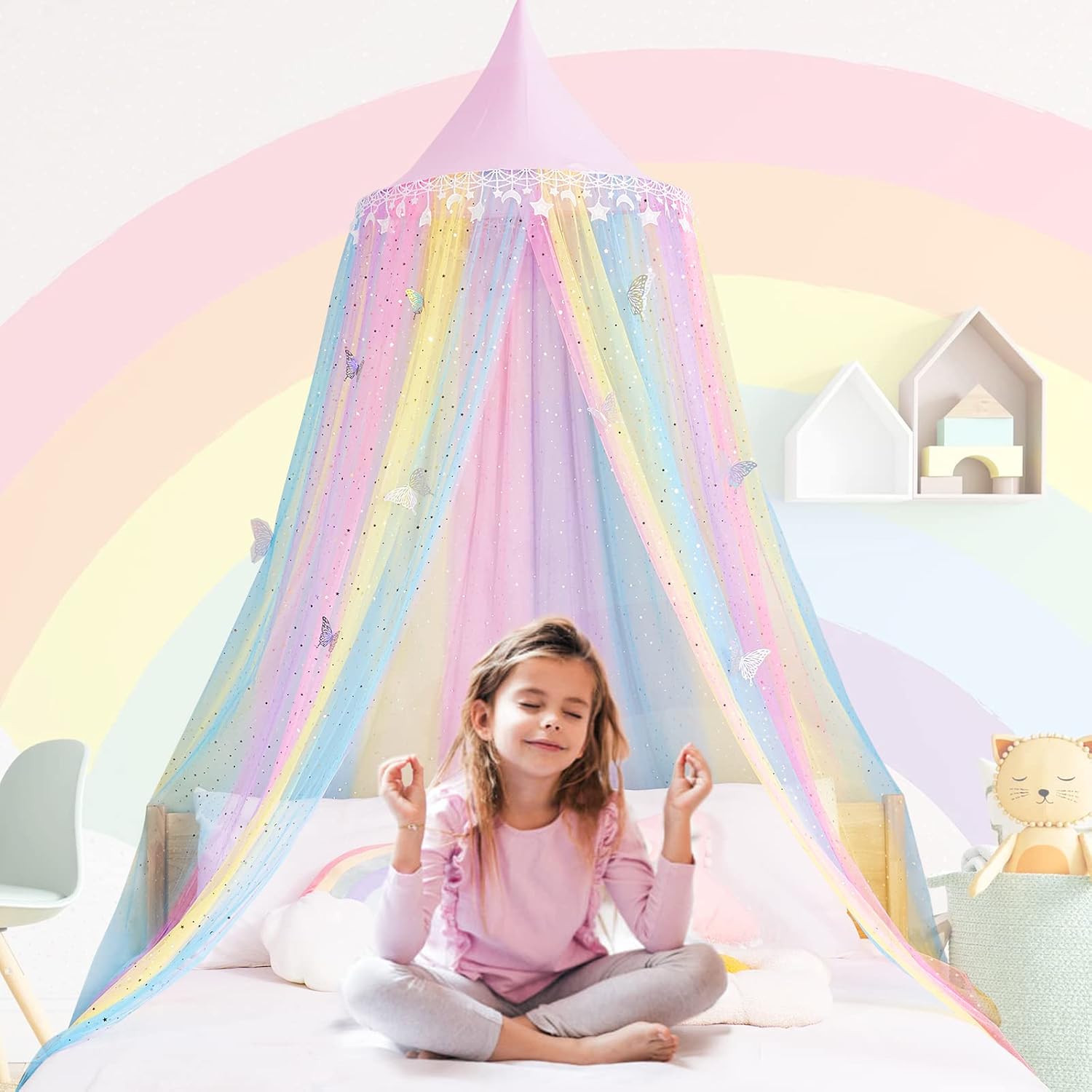 Amazon.com: STAOLENE Rainbow Kids Bed Canopy for Girls Baby Crib with ...