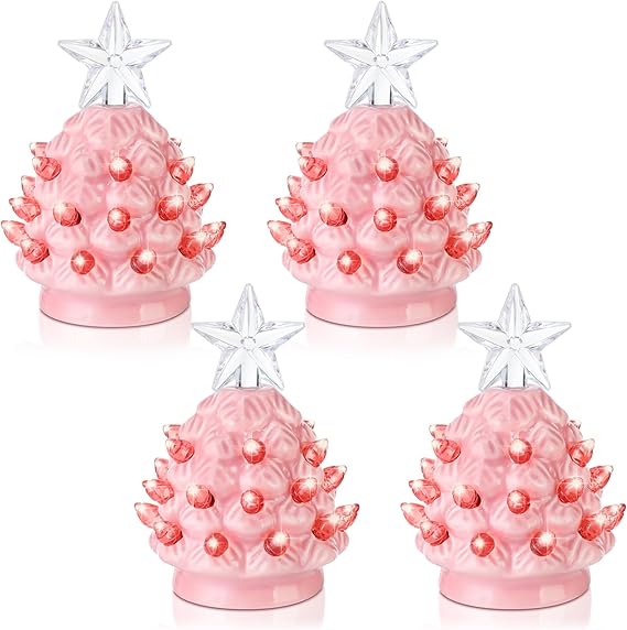 Amazon.com: Gejoy 4 Pcs Pink Ceramic Christmas Tree 3.5" H LED Light up ...