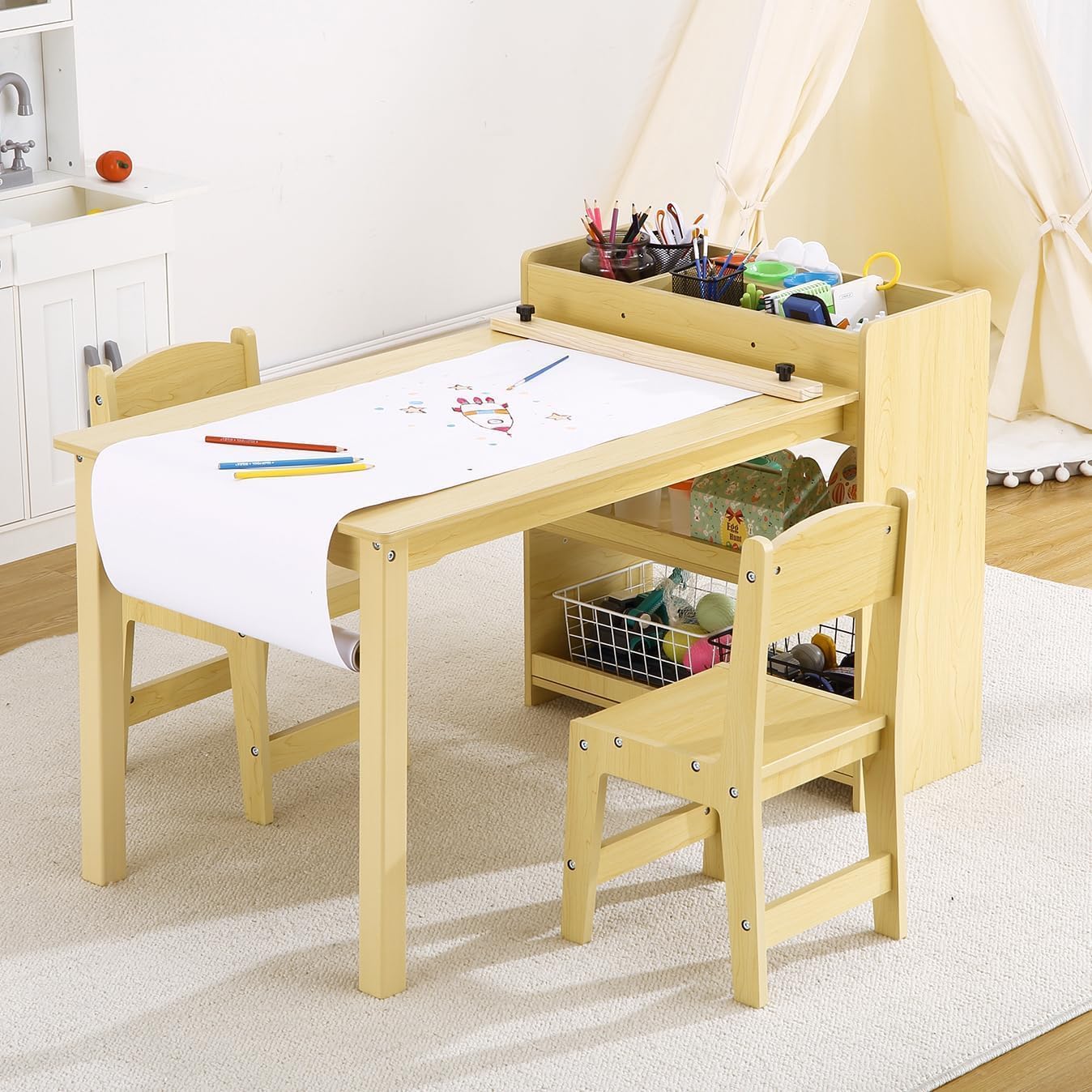 Amazon.com: Kids Art Table and Chairs Set, Toddler Craft Play Wood ...