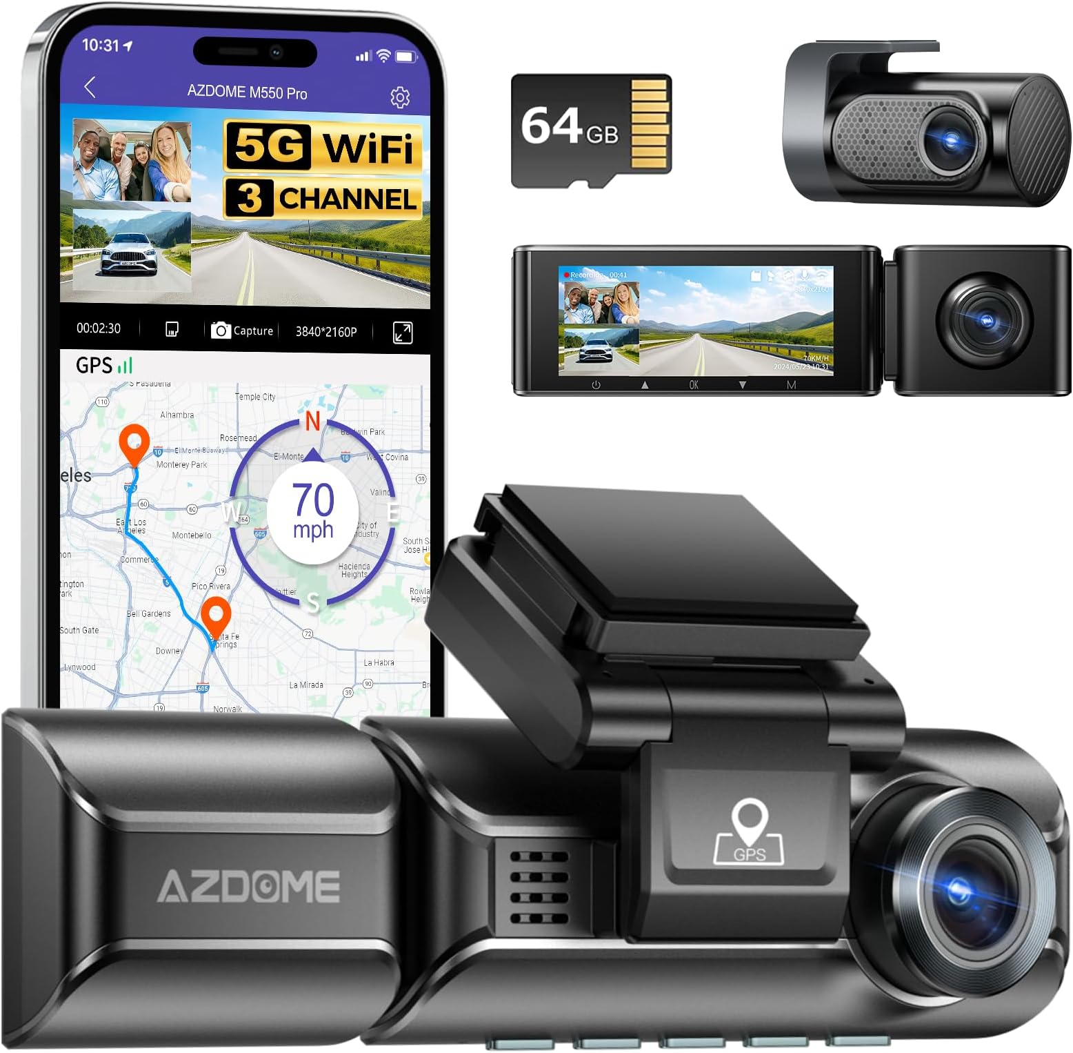 Amazon.com: AZDOME M550 Pro 5G WiFi 3 Channel Dash Cam Built-in GPS, 4K ...