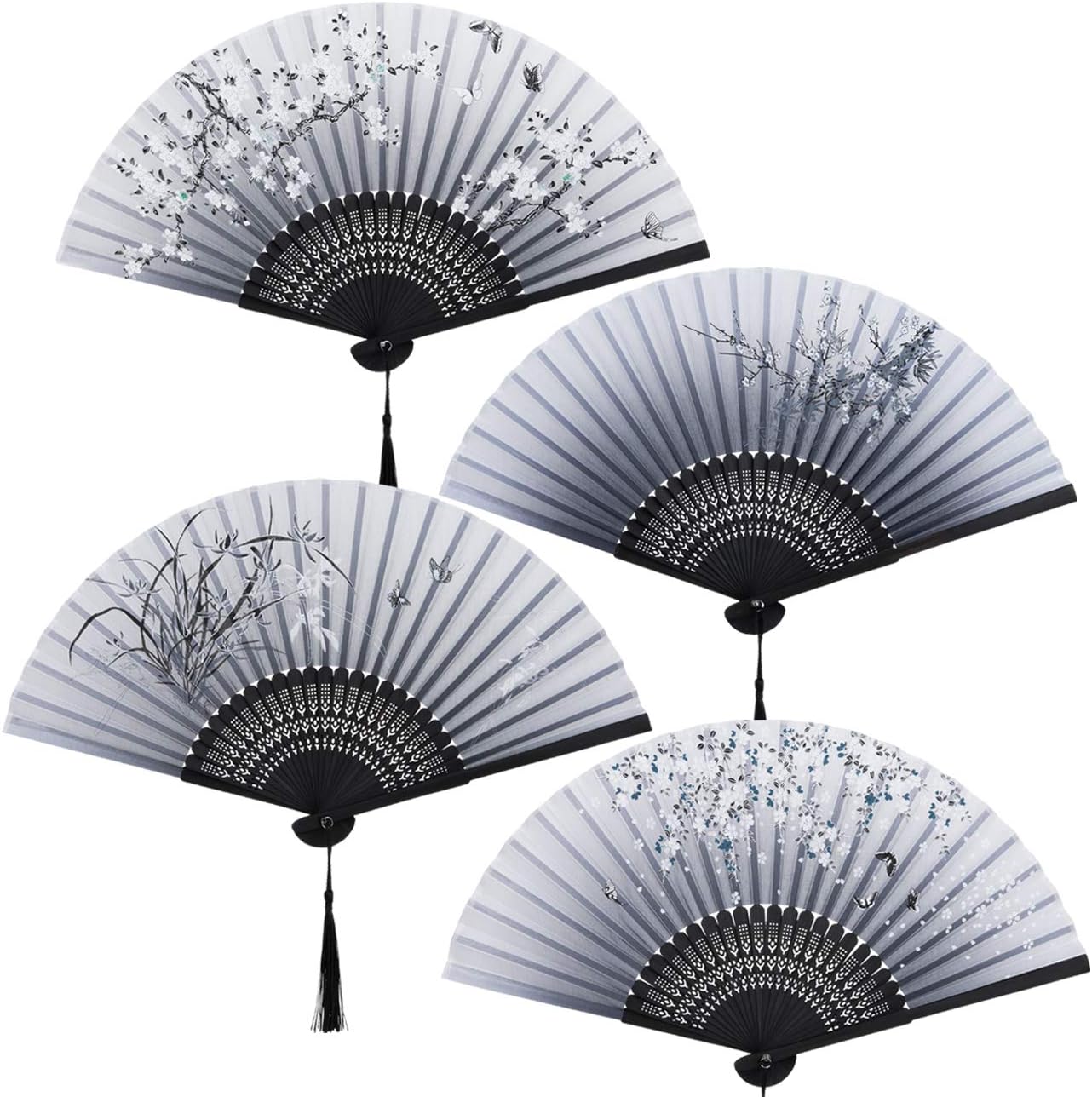 GWHOLE 4 PCS Folding Fan Handheld Silk Fan with Bamboo Frames for ...