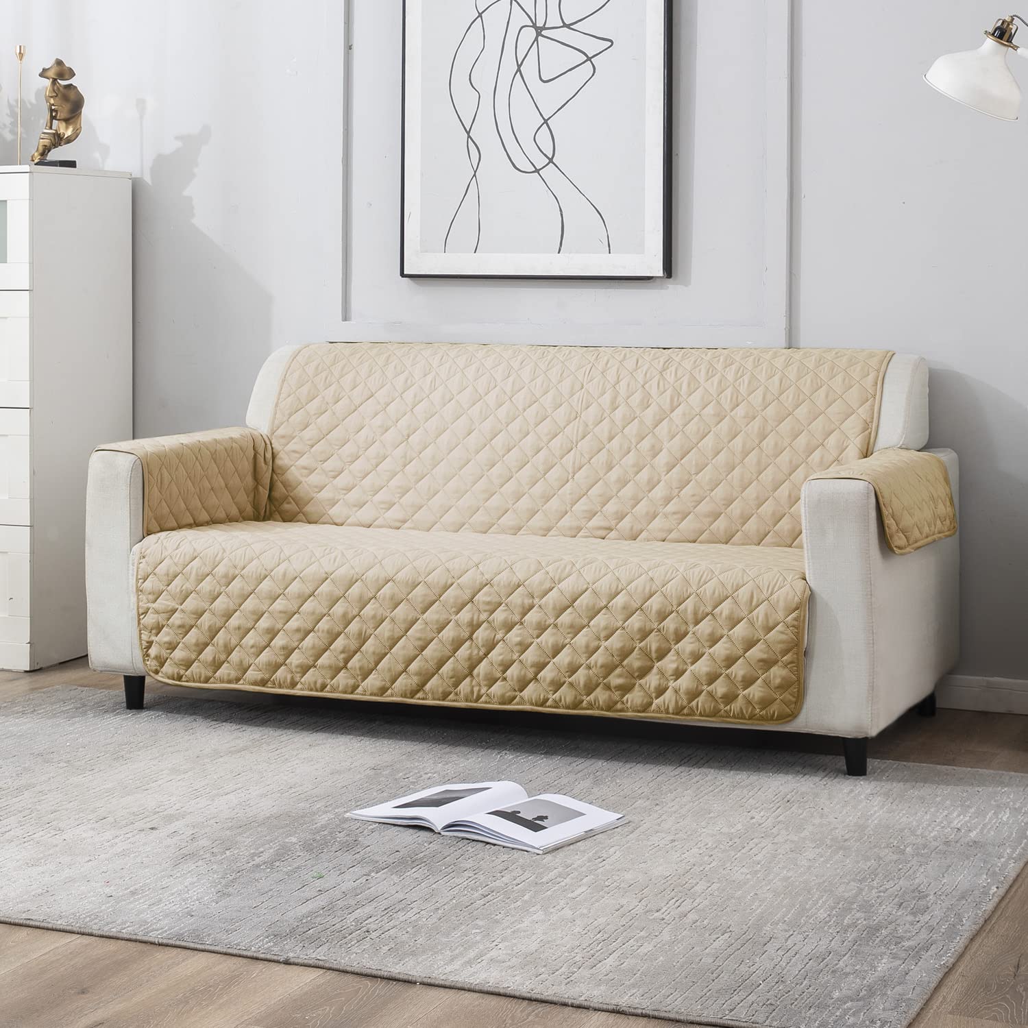 HOKIPO 3 Seater Quilted Polyester Sofa Cover Mat, 170x184 cm, Beige (AR ...