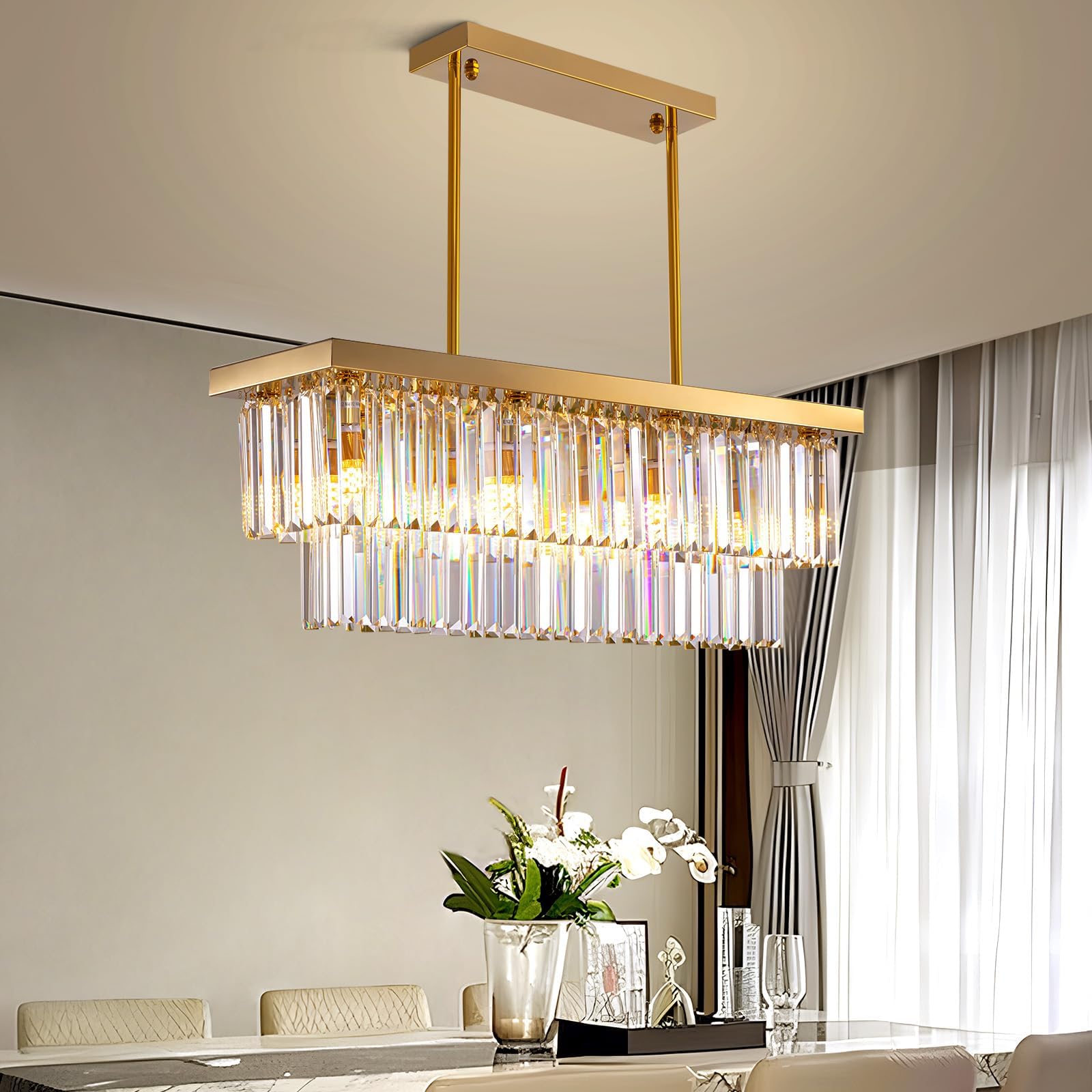 Siljoy Rectangular Gold Crystal Chandelier for Dining Room, 8-Light ...