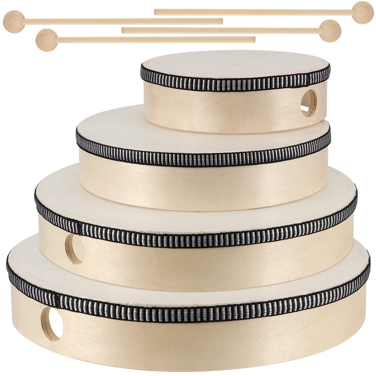 MUKLEI 4 Sizes Wooden Hand Drum Set, Wood Handheld Drum with Strikers ...