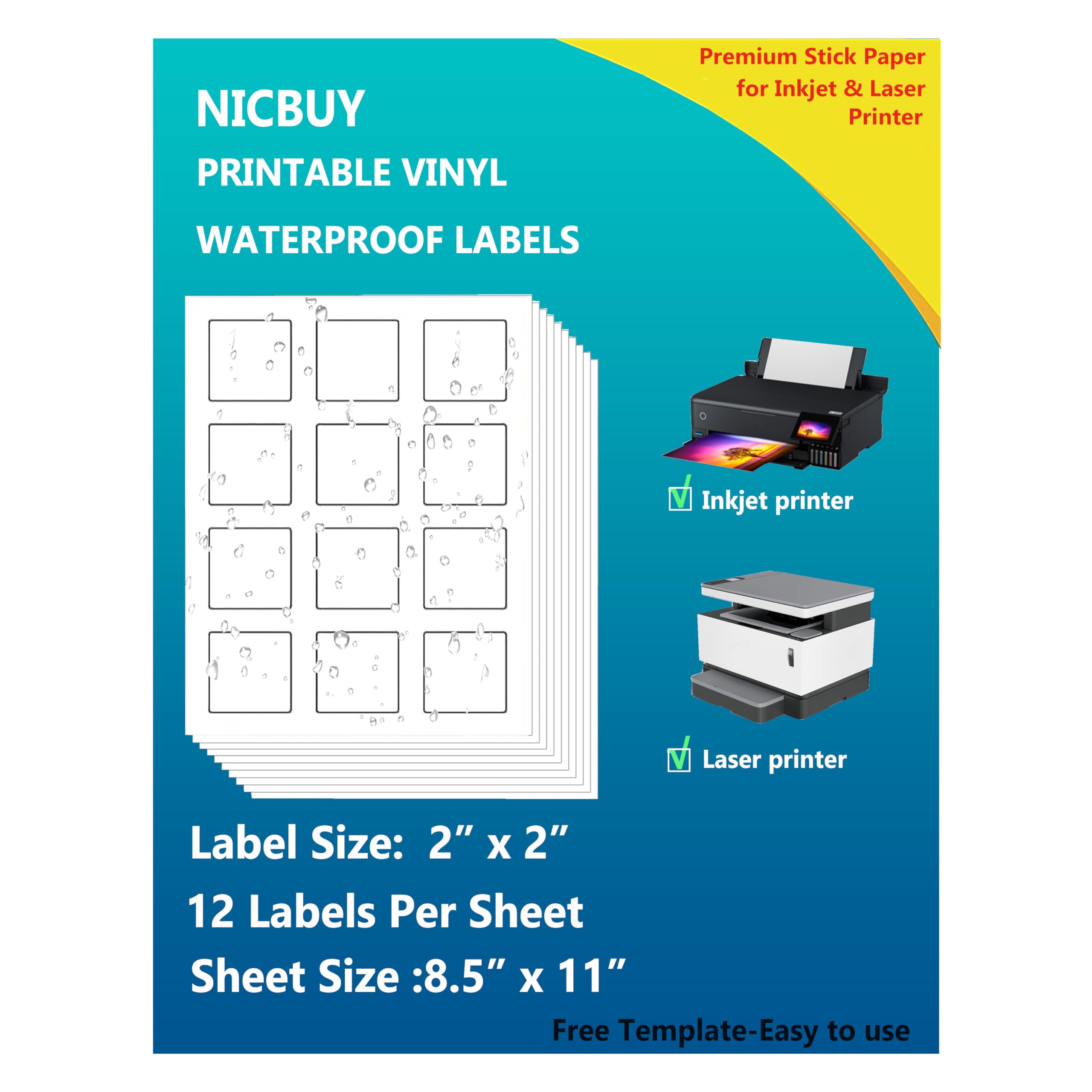 2x2 Inch Square Labels Printable Glossy White Waterproof Vinyl Sticker ...