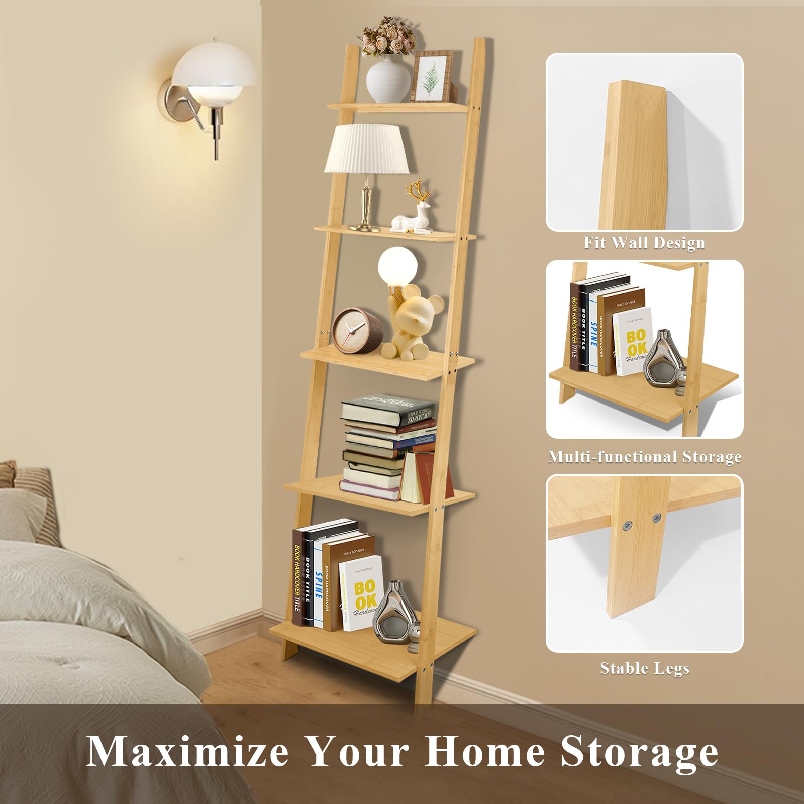Snapklik.com : Bamboo 5-Tier Ladder Shelf, Wall Leaning Shelf, Corner ...