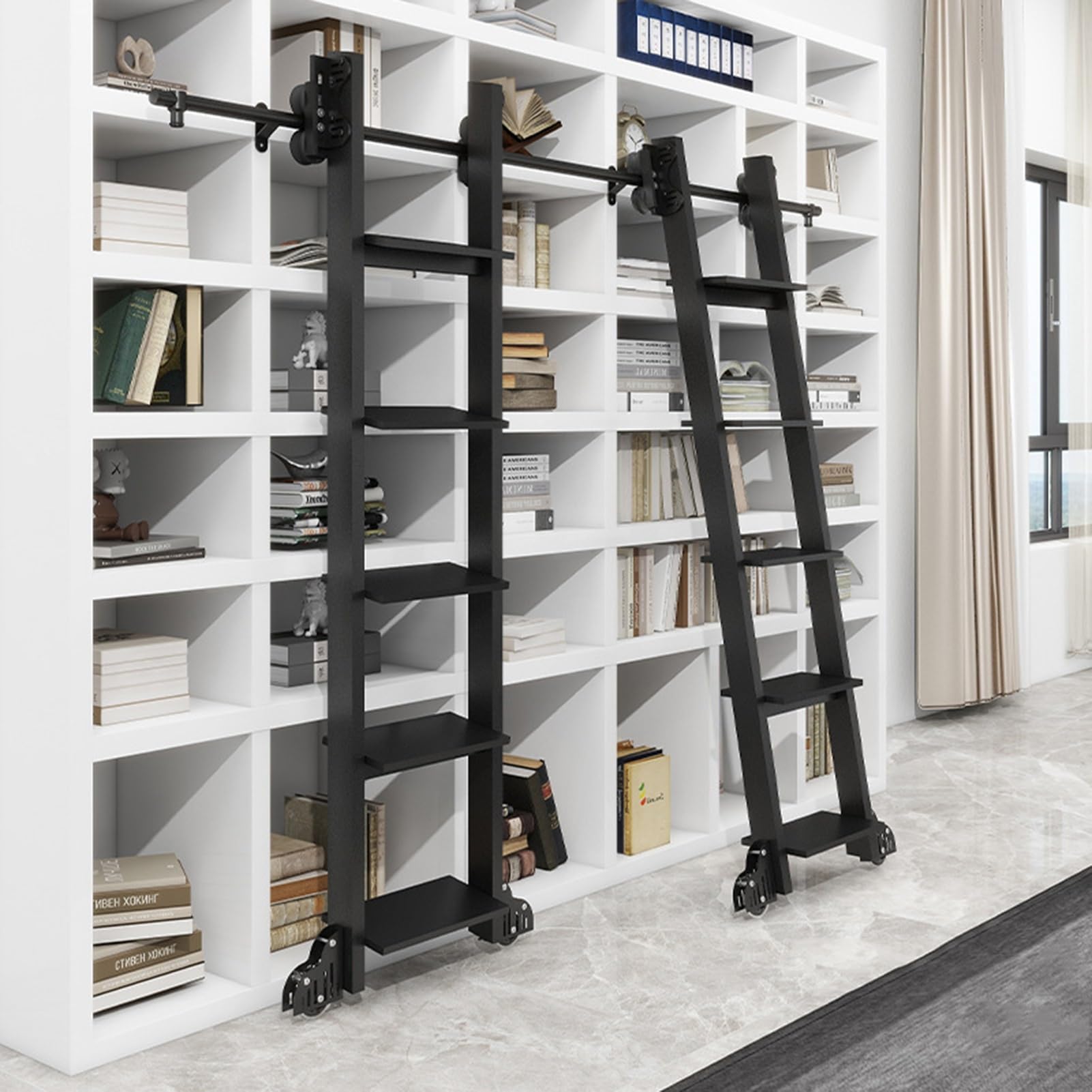 Sliding Library Ladder Shelves Black Stainless Steel Sliding Library