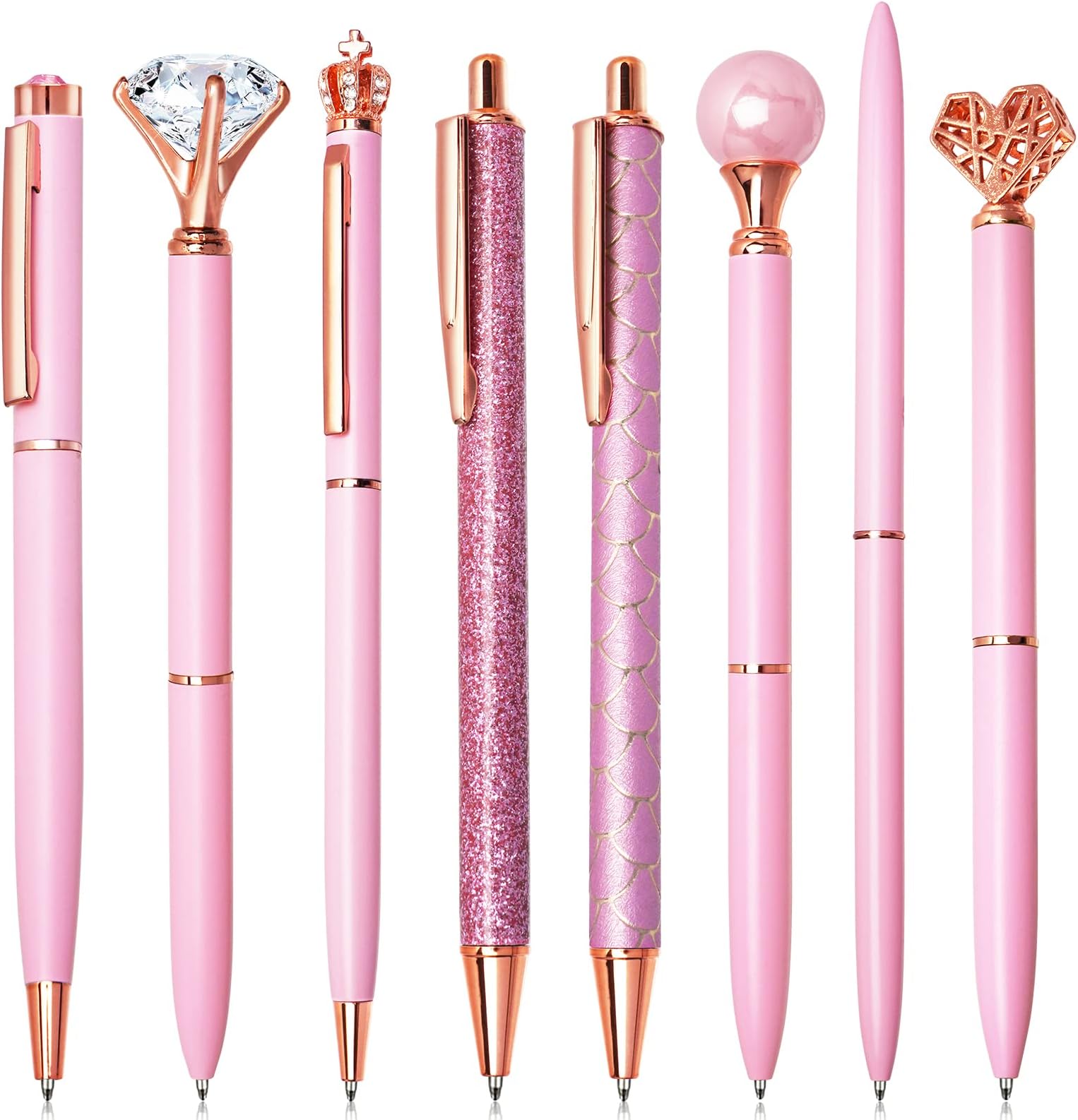 8 Pcs Pink Ballpoint Pens Set Retractable Metal Crystal Diamond Pens ...