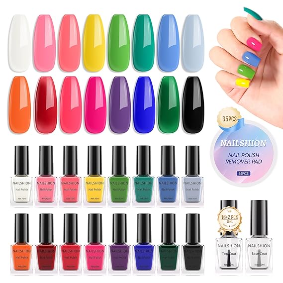 Amazon.com : Nailshion Nail Polish | 16 Colors Rainbow White Air Dry ...