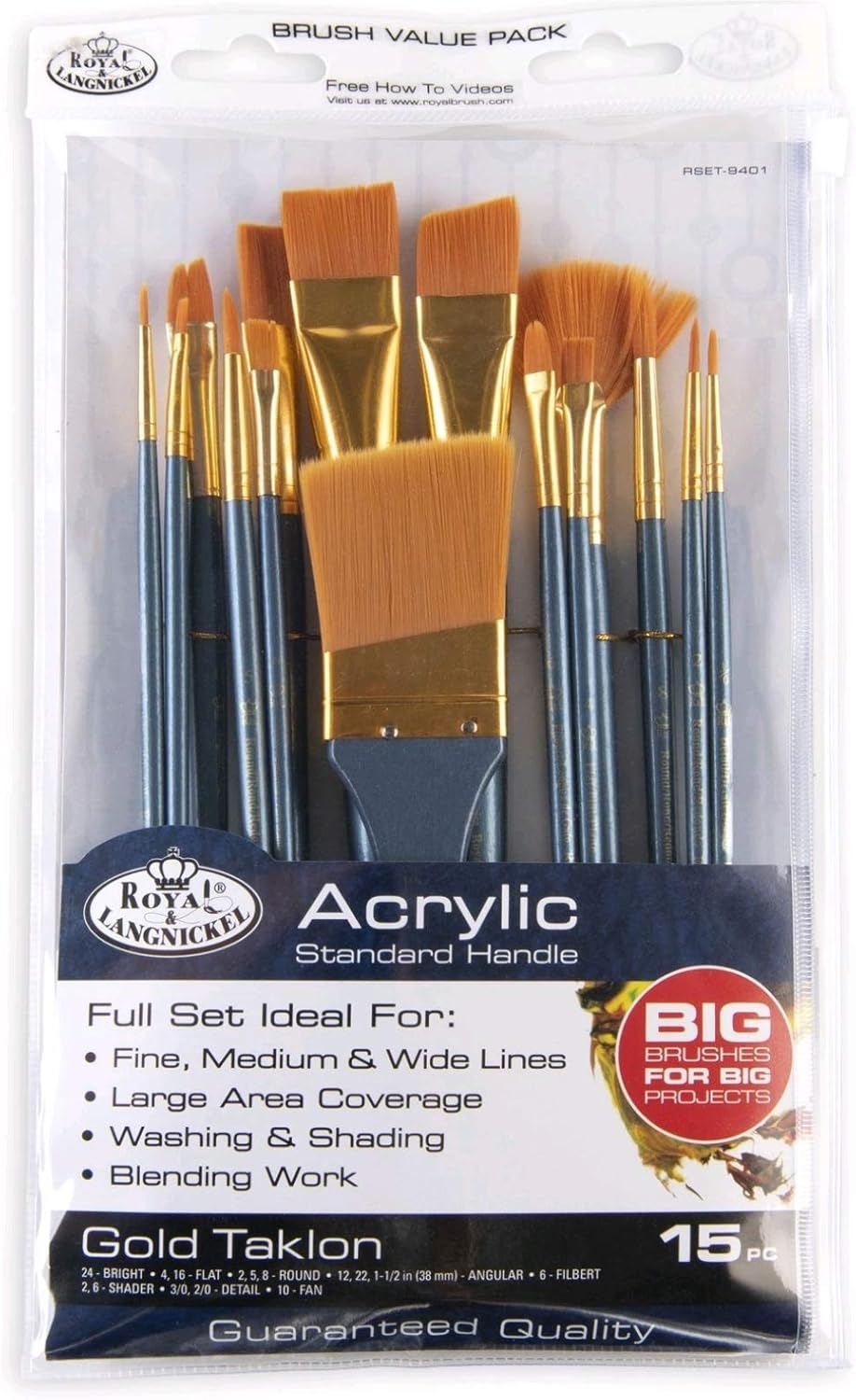 Amazon.com: Artist Acrylic Standard Brush Value Pack Gold Taklon 15pcs