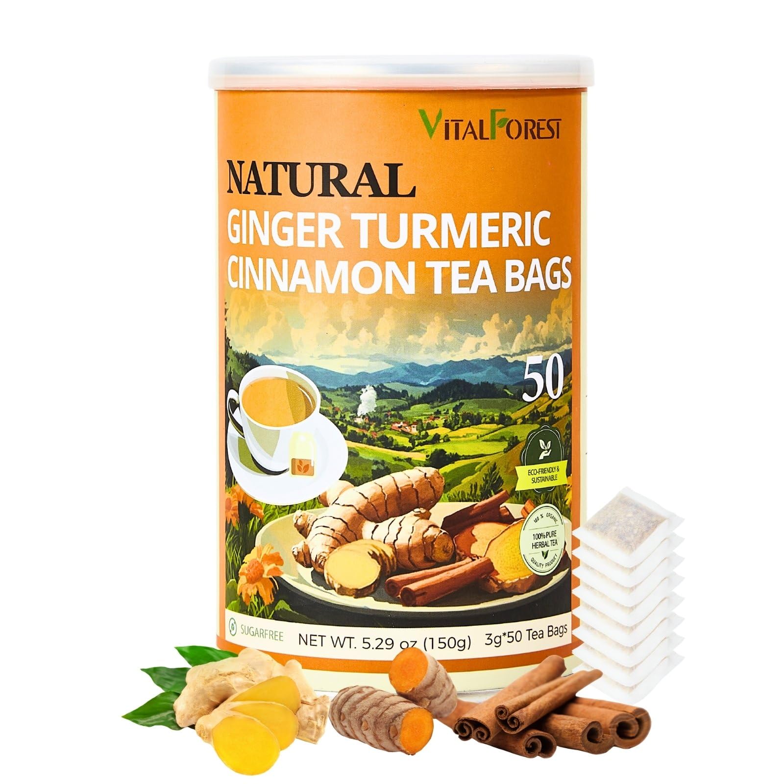 Amazon.com: 50 Premium Turmeric Ginger Cinnamon Tea Bags| Vitalforest ...