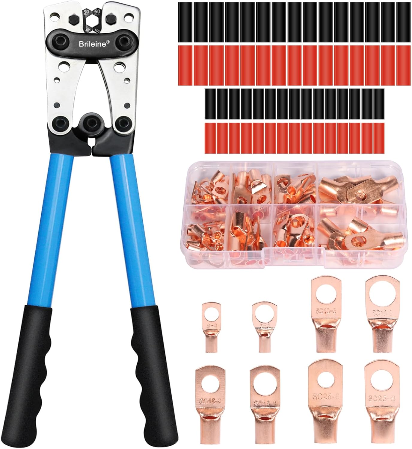 Brileine Battery Cable Crimping Tool 10-1 AWG with Heat Shrink Tubing ...