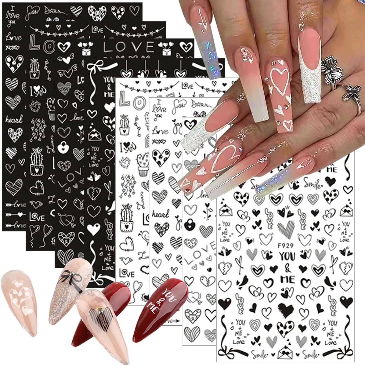 Amazon.com: 8 Sheets Heart Nail Stickers - White Love Nail Decals ...