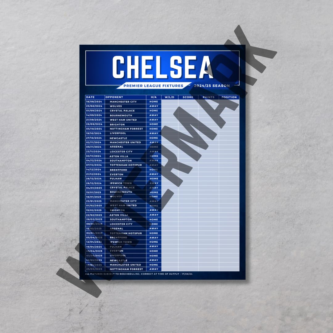 Football Fixture Poster, Wall chart, Football score chart 2024/2025 ...