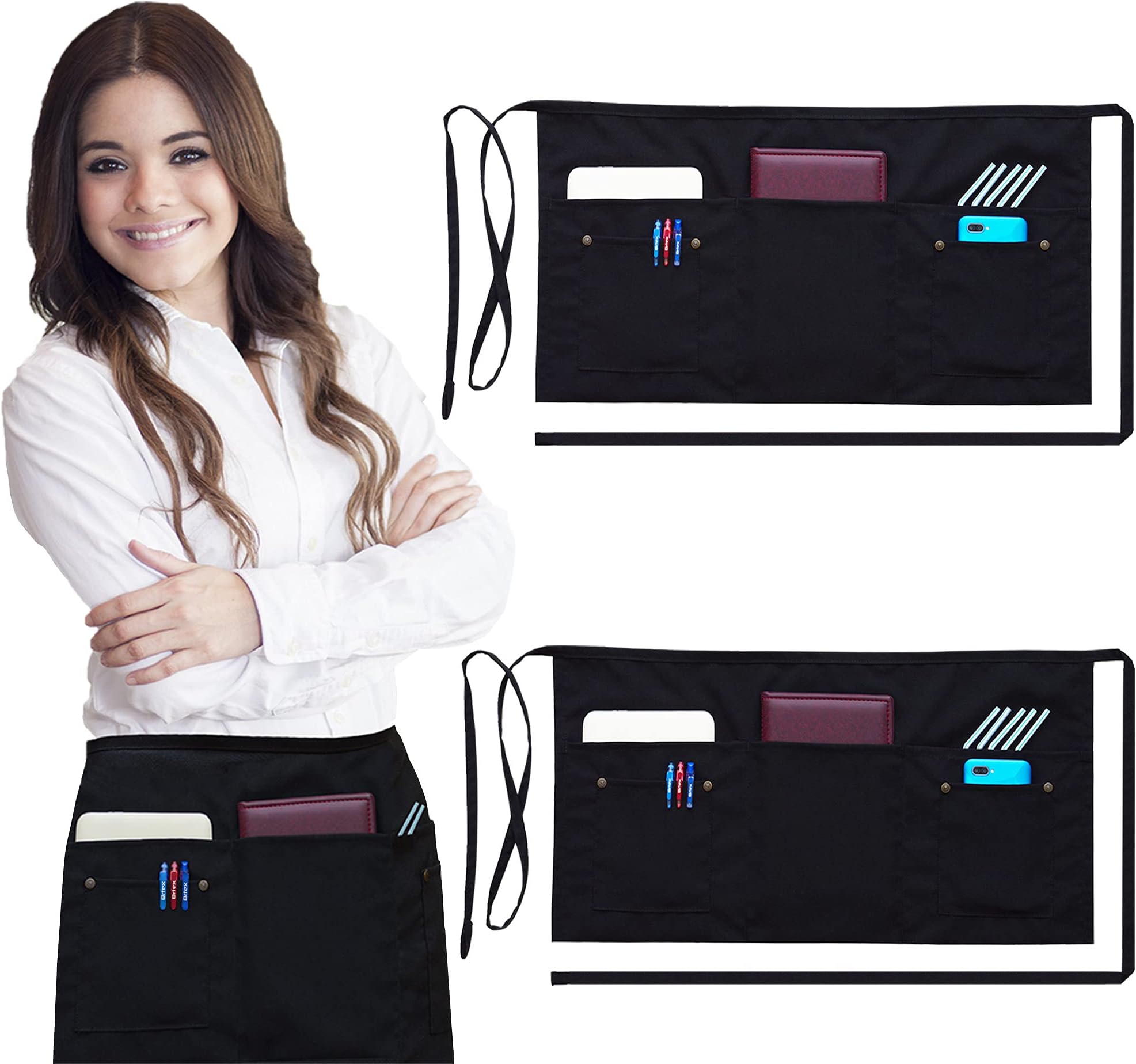 Amazon.com: 2 Pack Waist Apron with 3 Pockets - Water & Oil Resistant ...