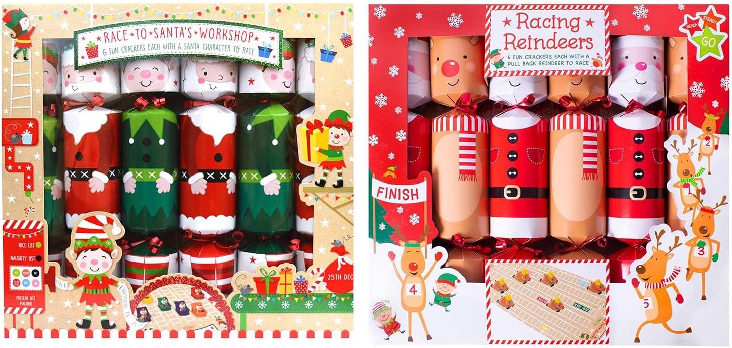 YöL Set of 12 Christmas Racing Crackers - Santa Elf Reindeer Design ...