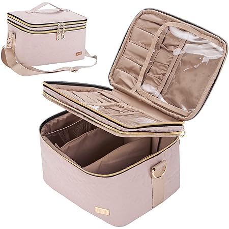 Amazon.com : NISHEL Double Layer Travel Makeup Bag with Strap, Large ...