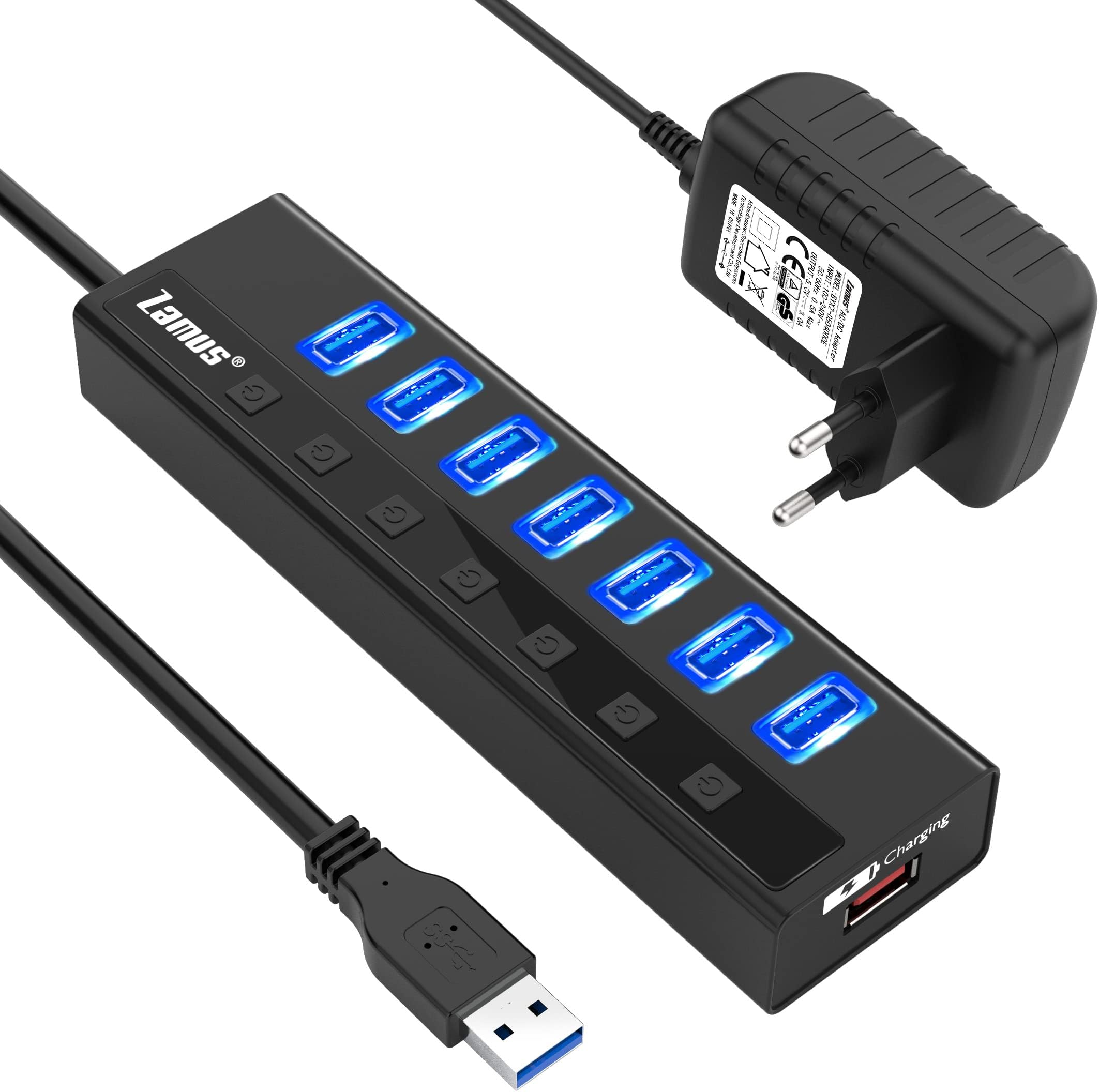 Hub USB Alimenté，RSHTECH Aluminium USB Hub 3.0 à 7 Ports Multiprise USB ...