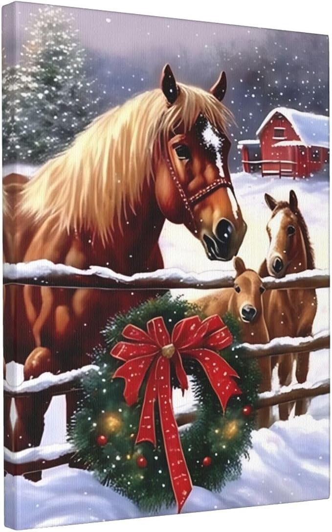 Amazon.com: WEASYYDS Christmas Farmhouse Horses Paintings Print Winter ...
