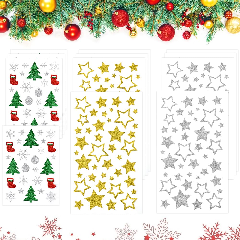 LANSKYLAN 12 Bogen Weihnachts Sticker Weihnachtssticker Glitzer Sticker ...